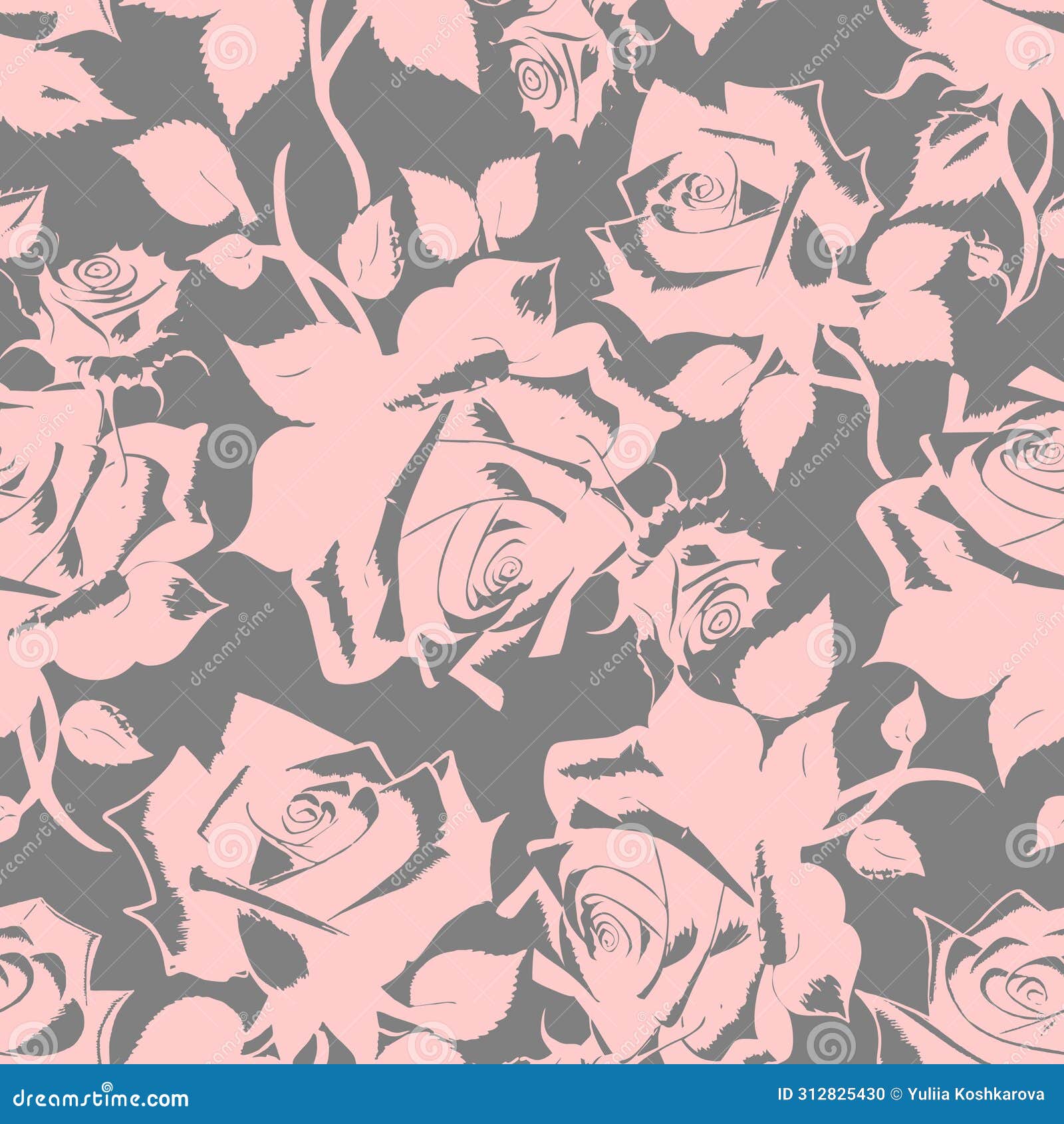 Seamless Graphic Floral Pattern Pink Roses on Gray Background, Texture ...