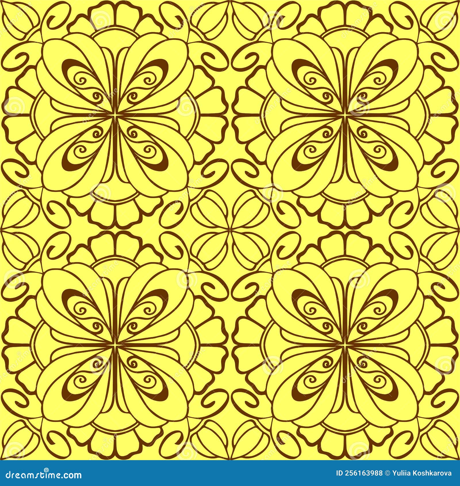 Seamless Graphic Pattern, Floral Brown Tile Ornament on Yellow ...