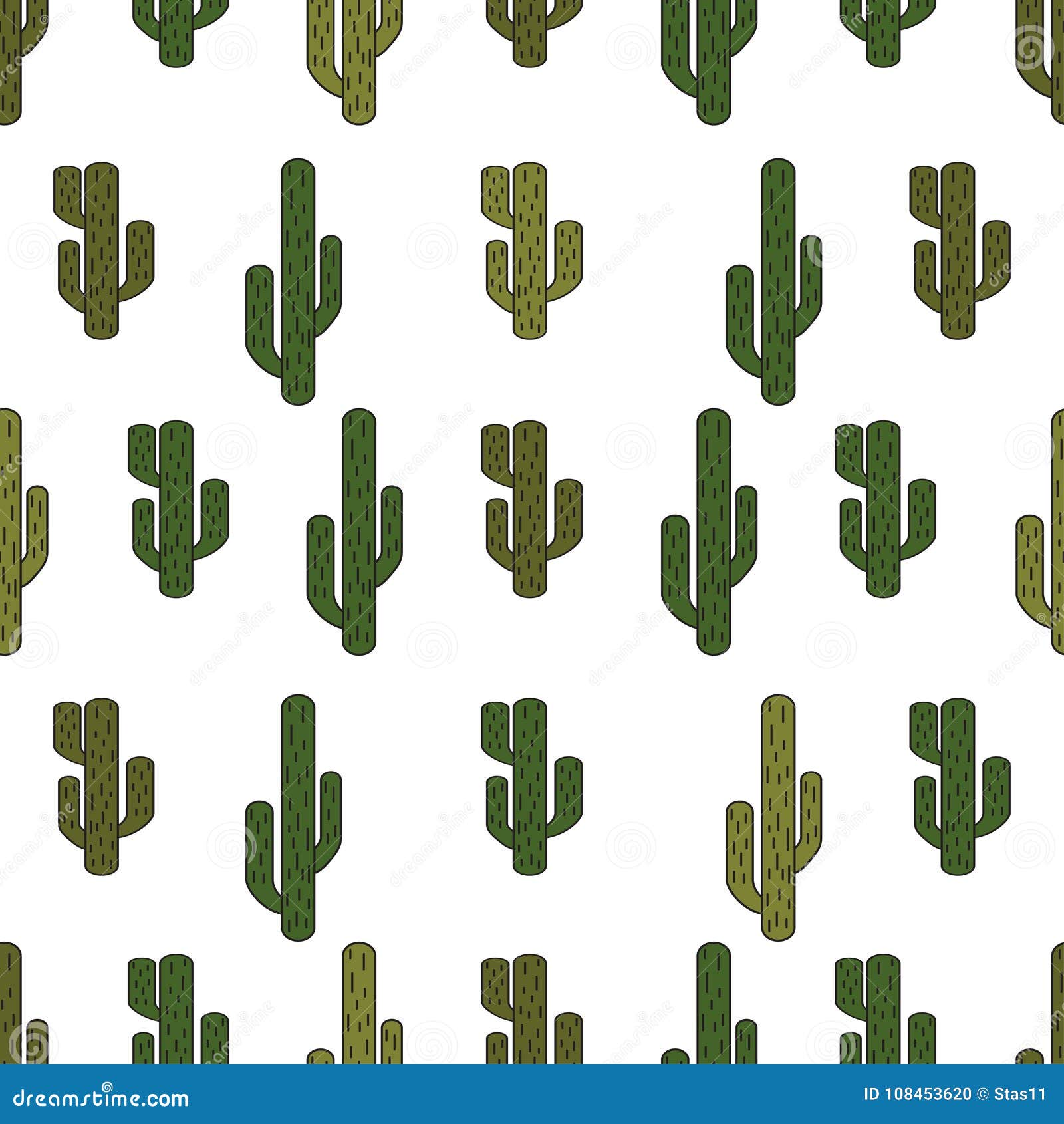 Seamless Green Cactus Pattern, Minimal Linear Style Stock Vector ...