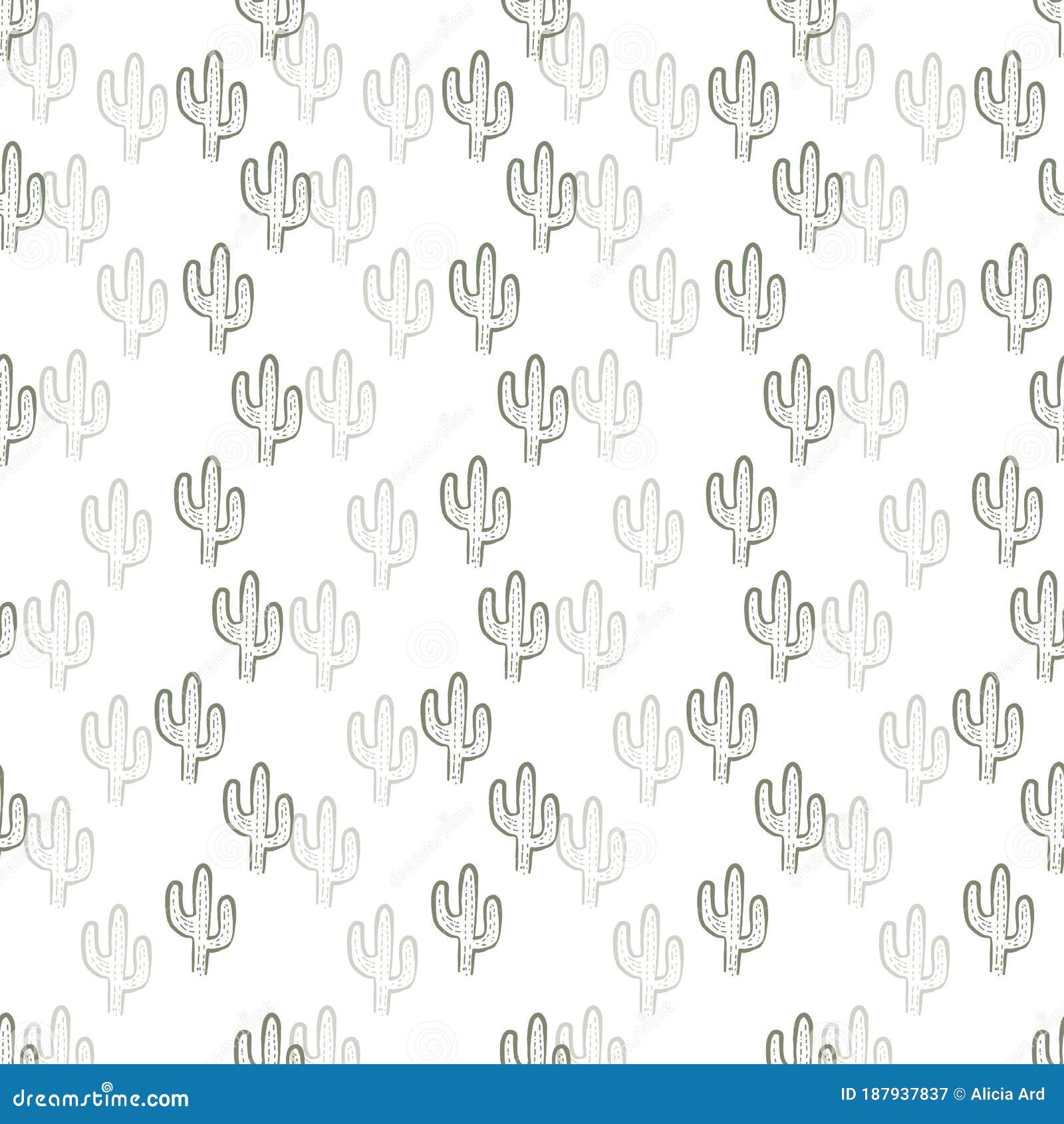 Seamless Green Repeating Cactus Pattern with White Background. Outline ...