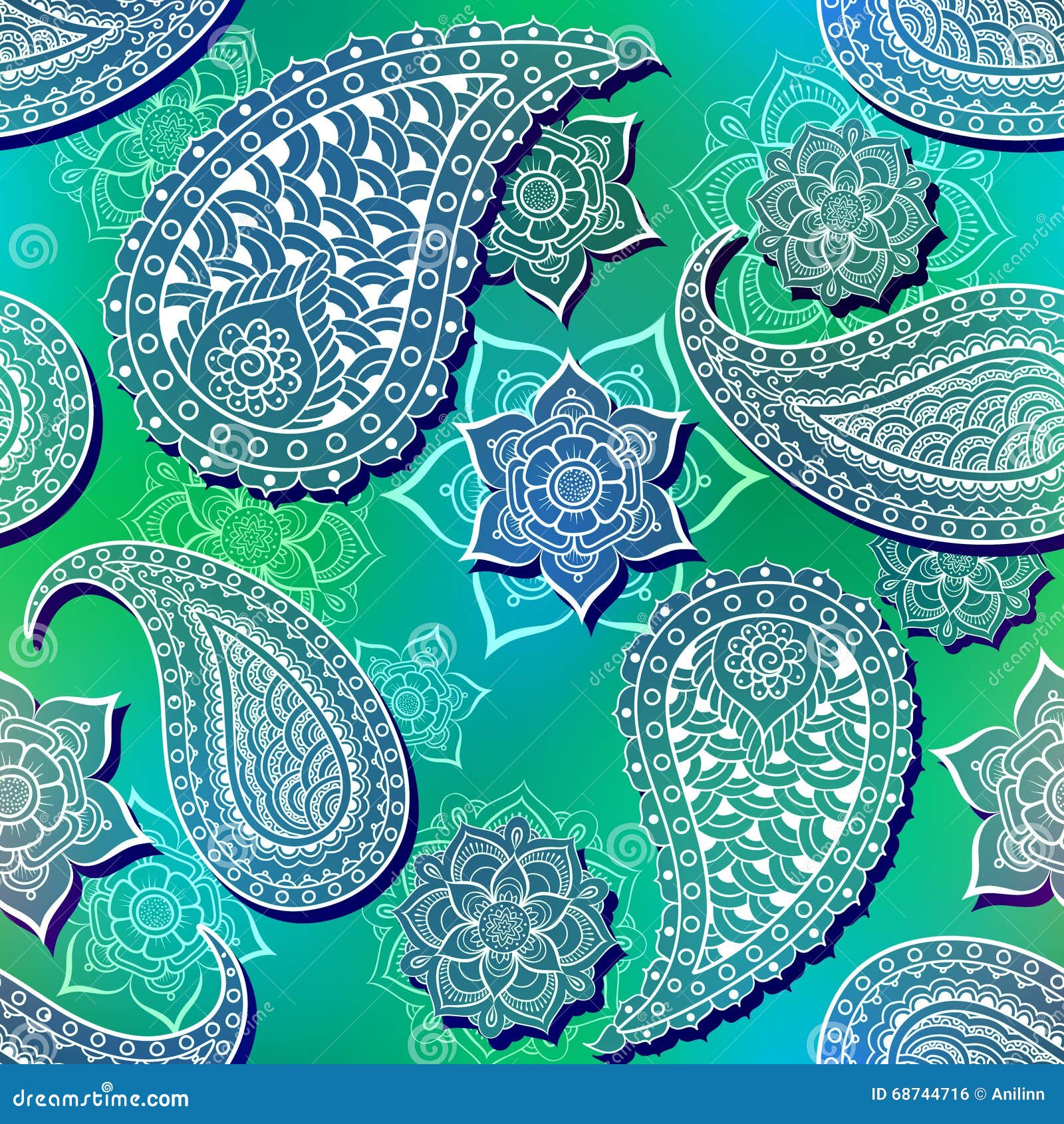 Seamless Green Turquoise Flower Paisley Pattern Stock Vector ...