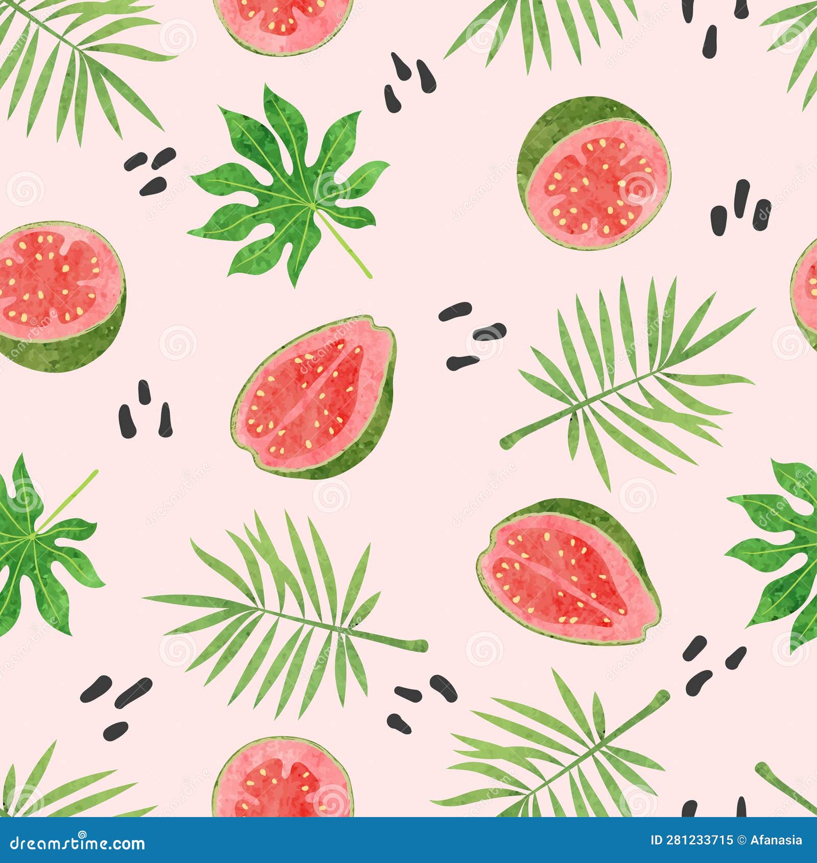 Seamless Guava Fruit Pattern. Vector Watercolor Exotic Fruit and Leaves ...