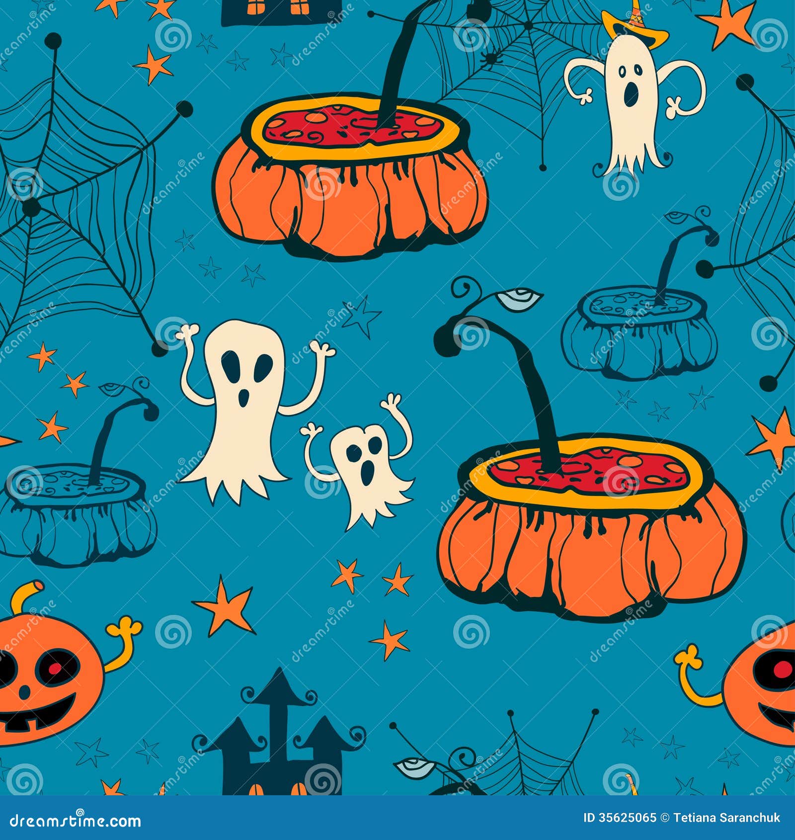 Seamless Halloween with Ghosts on Blue Background. Stock Vector ...