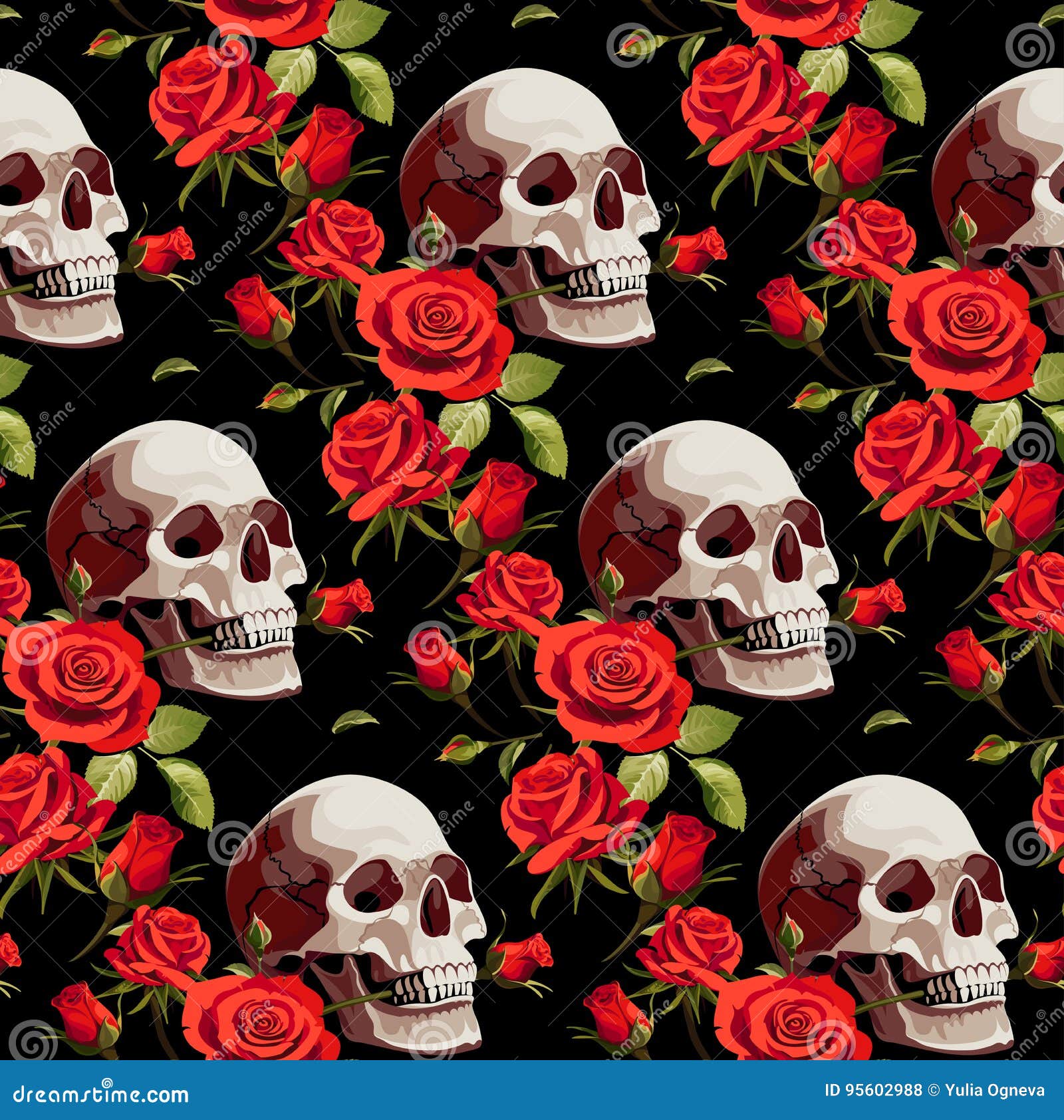 Seamless Halloween Pattern with Skulls and Red Roses on a Black ...