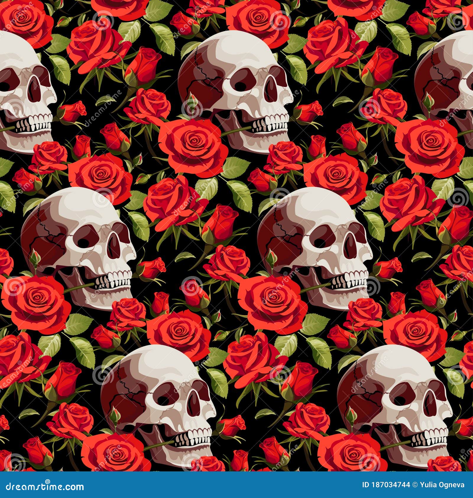 Seamless Halloween Pattern with Skulls and Red Roses on a Black ...
