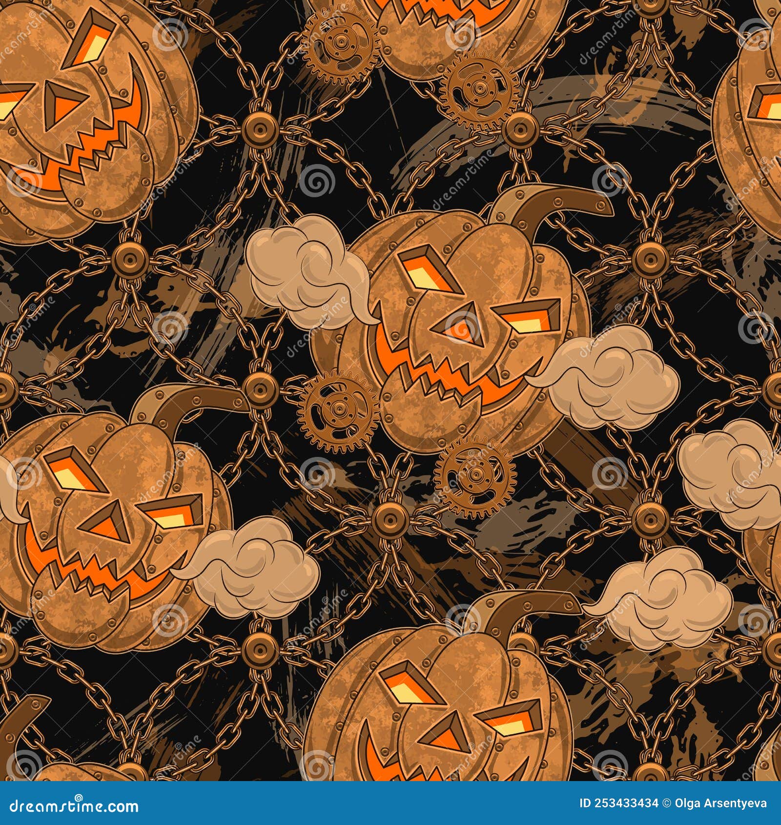 Seamless Halloween Pattern in Steampunk Style with Copper Pumpkin ...