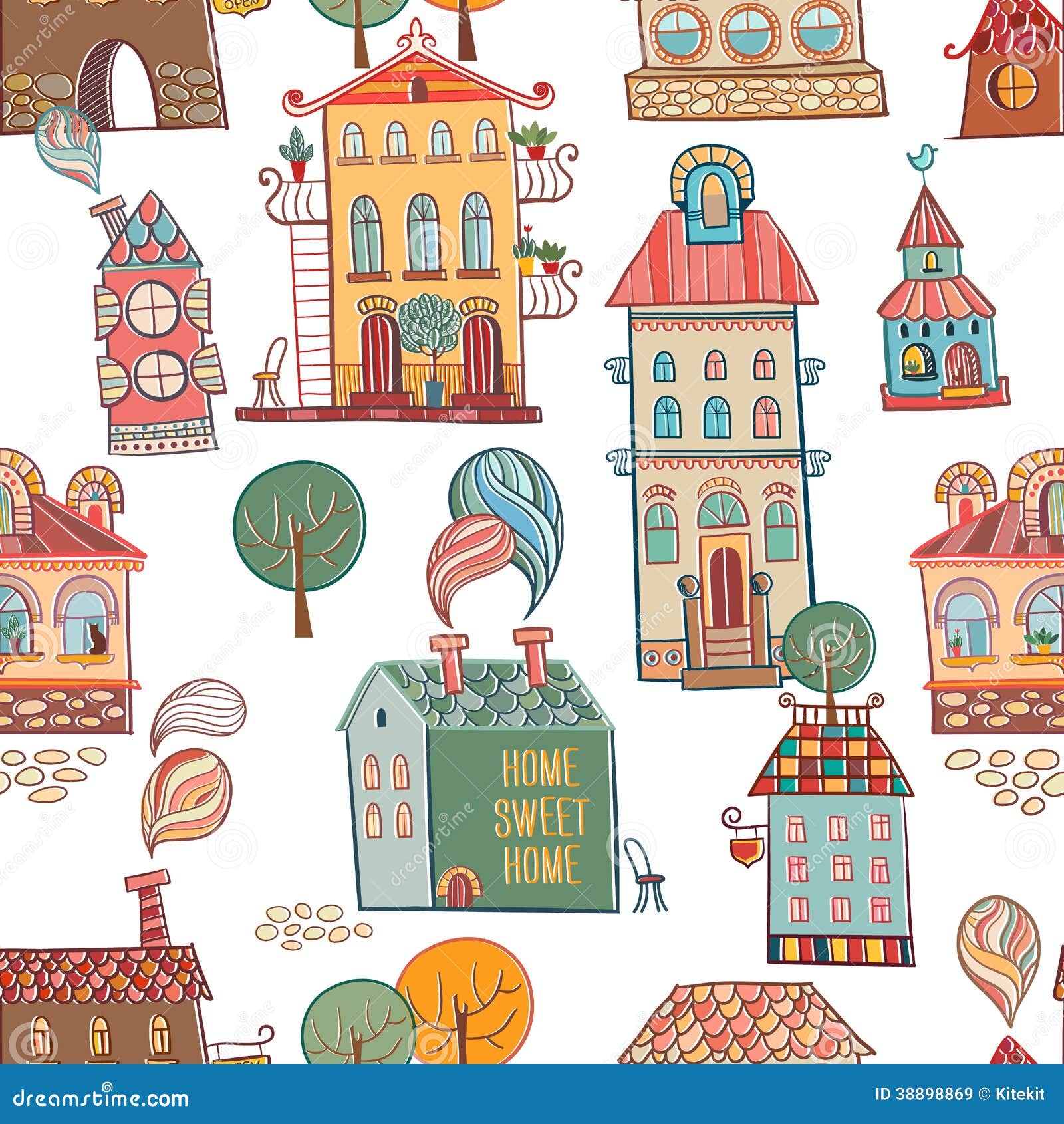 Seamless Hand Drawn Buildings in Vintage Style Stock Vector ...