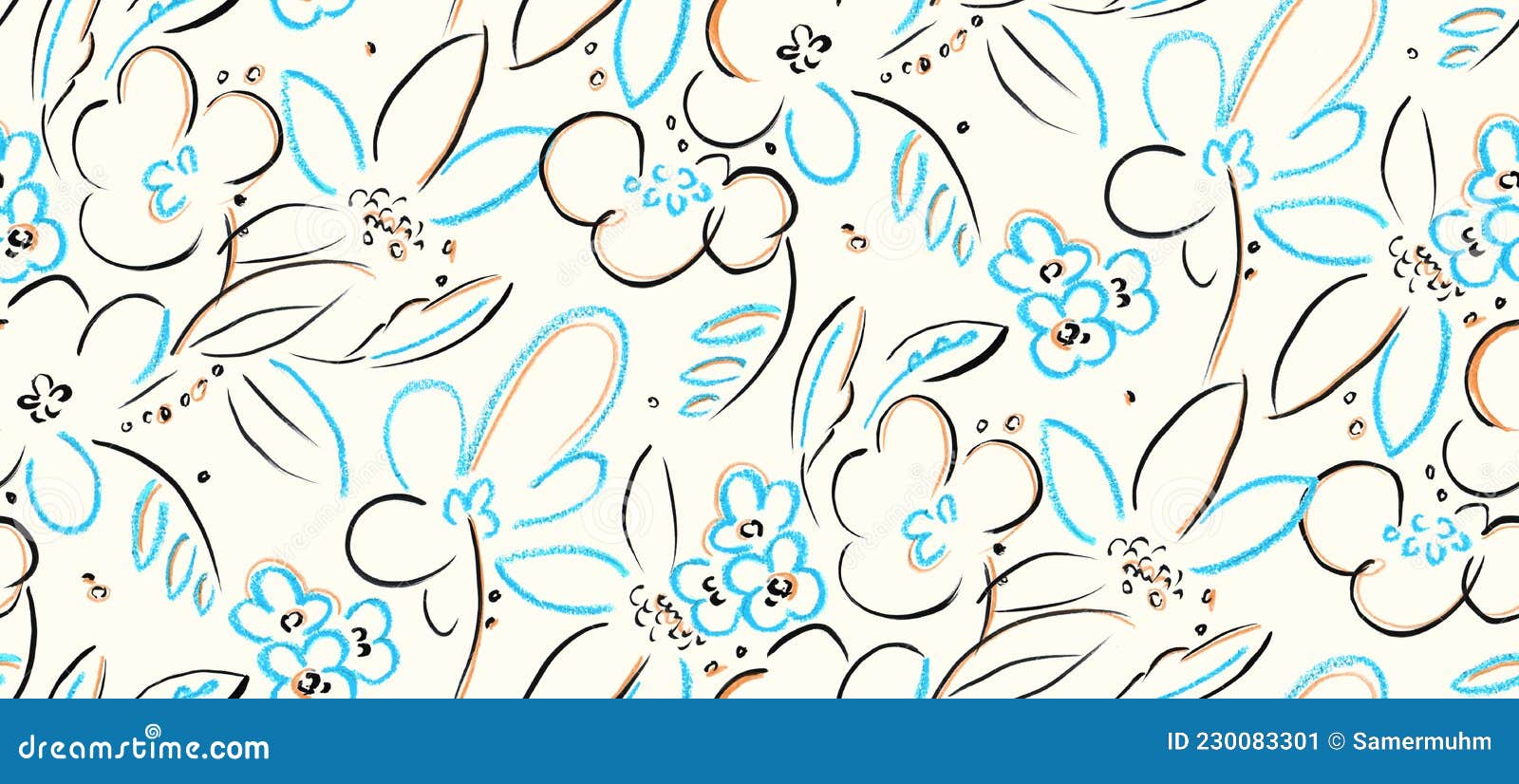 Seamless Hand Drawn Floral Pattern. Colored Outline Design Ready for ...
