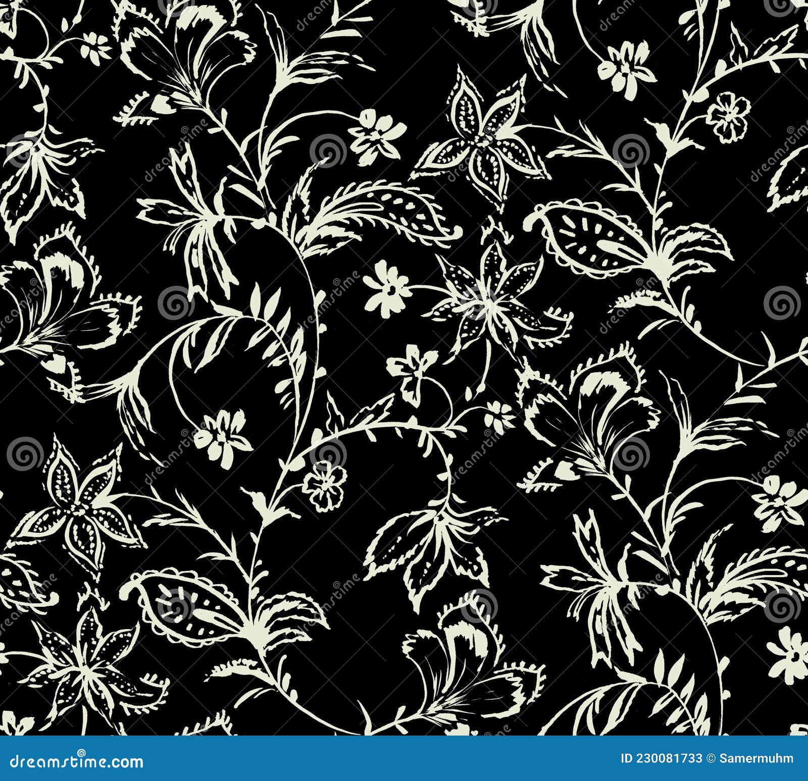 Seamless Hand Drawn Flowers with Leaves. Repeating Pattern on Black ...