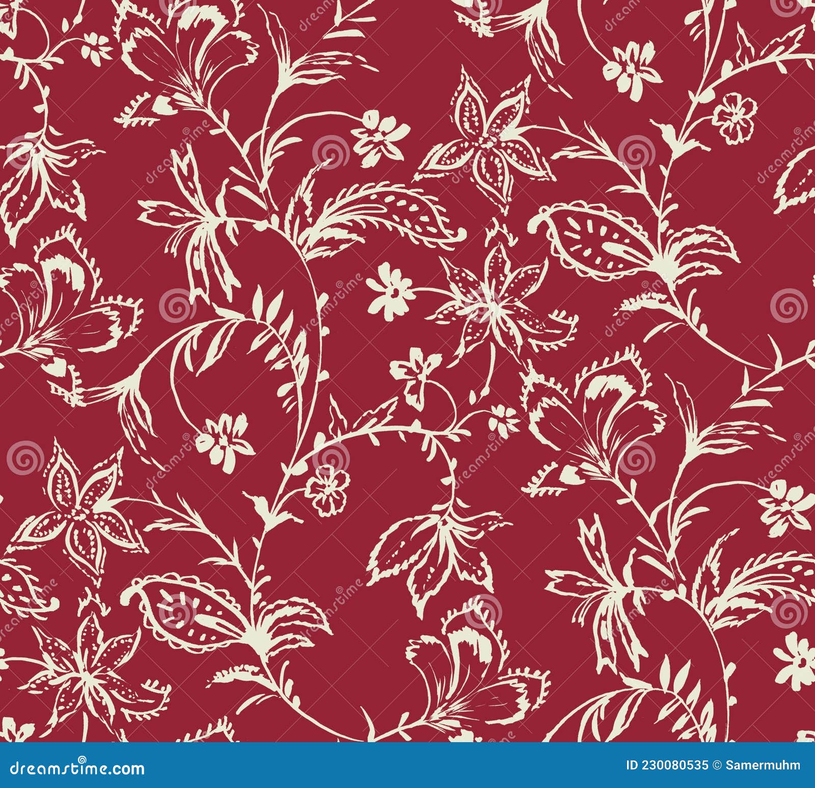 Seamless Hand Drawn Flowers with Leaves. Repeating Pattern on Dark Red ...