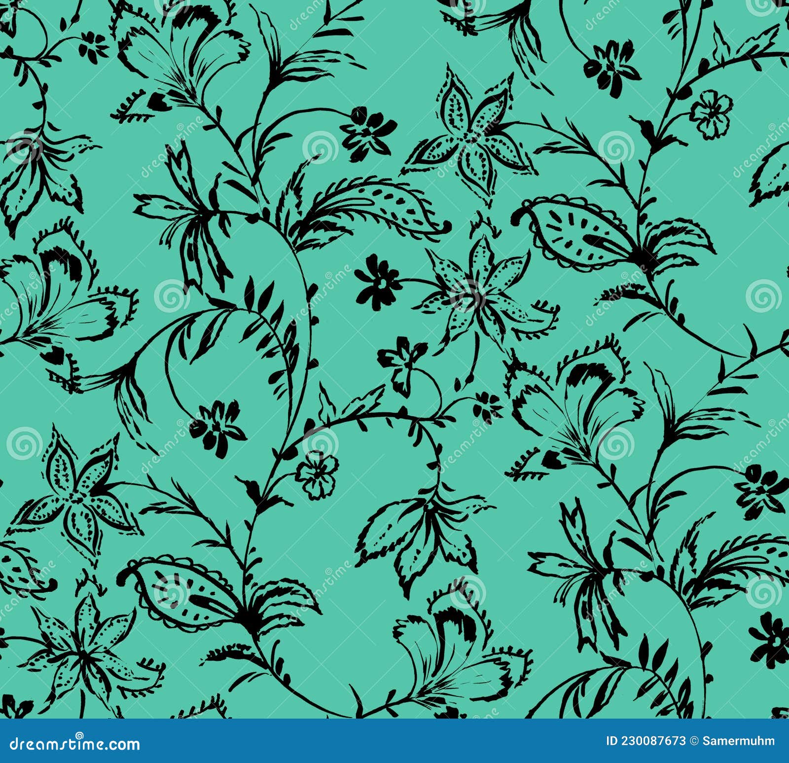 Seamless Hand Drawn Flowers with Leaves. Repeating Pattern on Mint ...