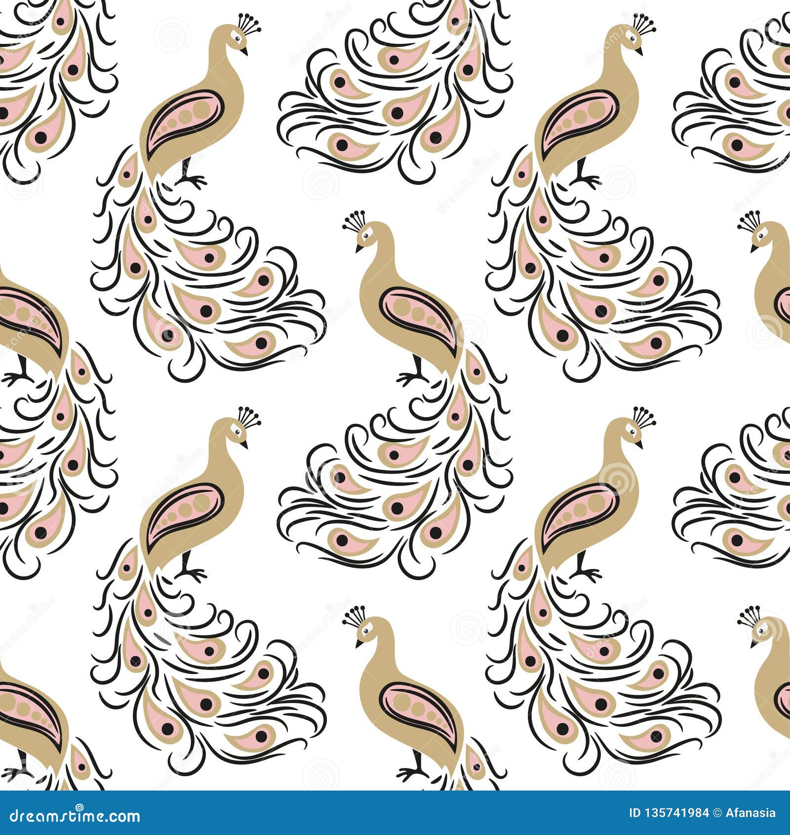 Seamless Hand Drawn Golden Peacock Bird Pattern Stock Vector