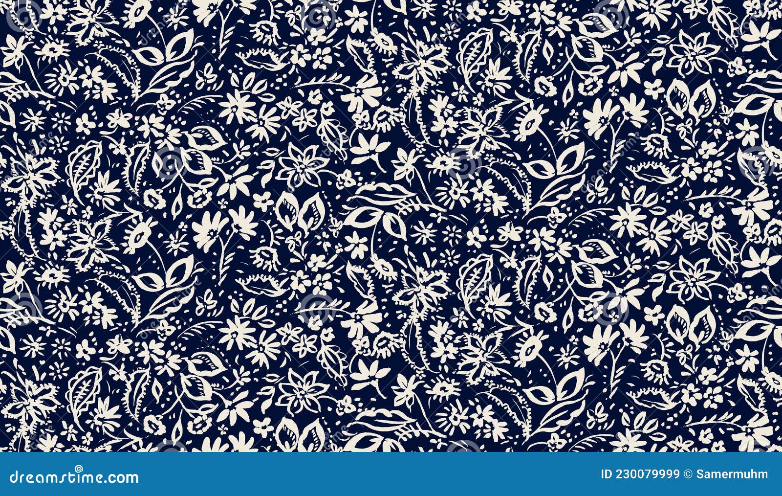 Seamless Hand Drawn Mini Flowers. Repeating Pattern on Dark Blue ...