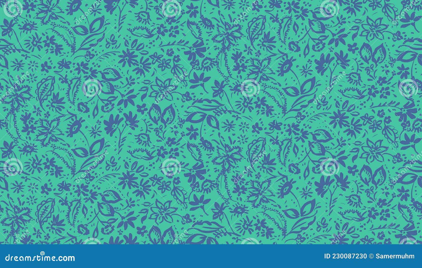 Seamless Hand Drawn Mini Flowers. Repeating Pattern on Green Background ...