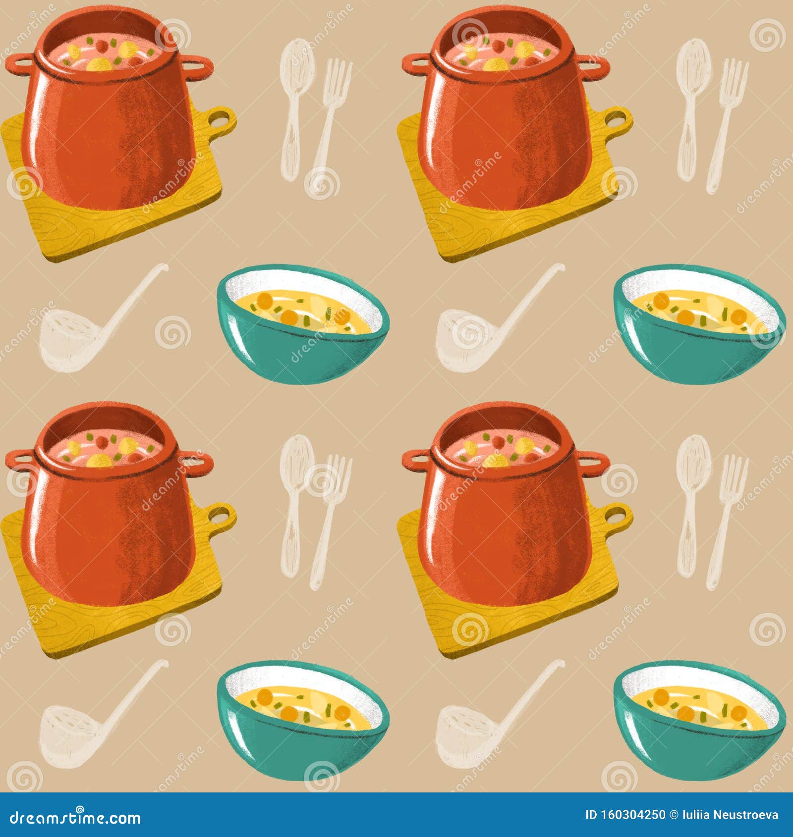 Seamless Hand Drawn Pattern with Soup Pot and Plate Stock Illustration ...