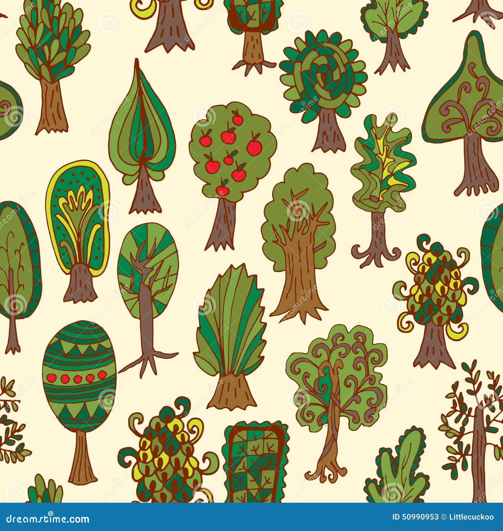 Seamless Hand-drawn Pattern with Doodle Forest Tree Stock Vector ...