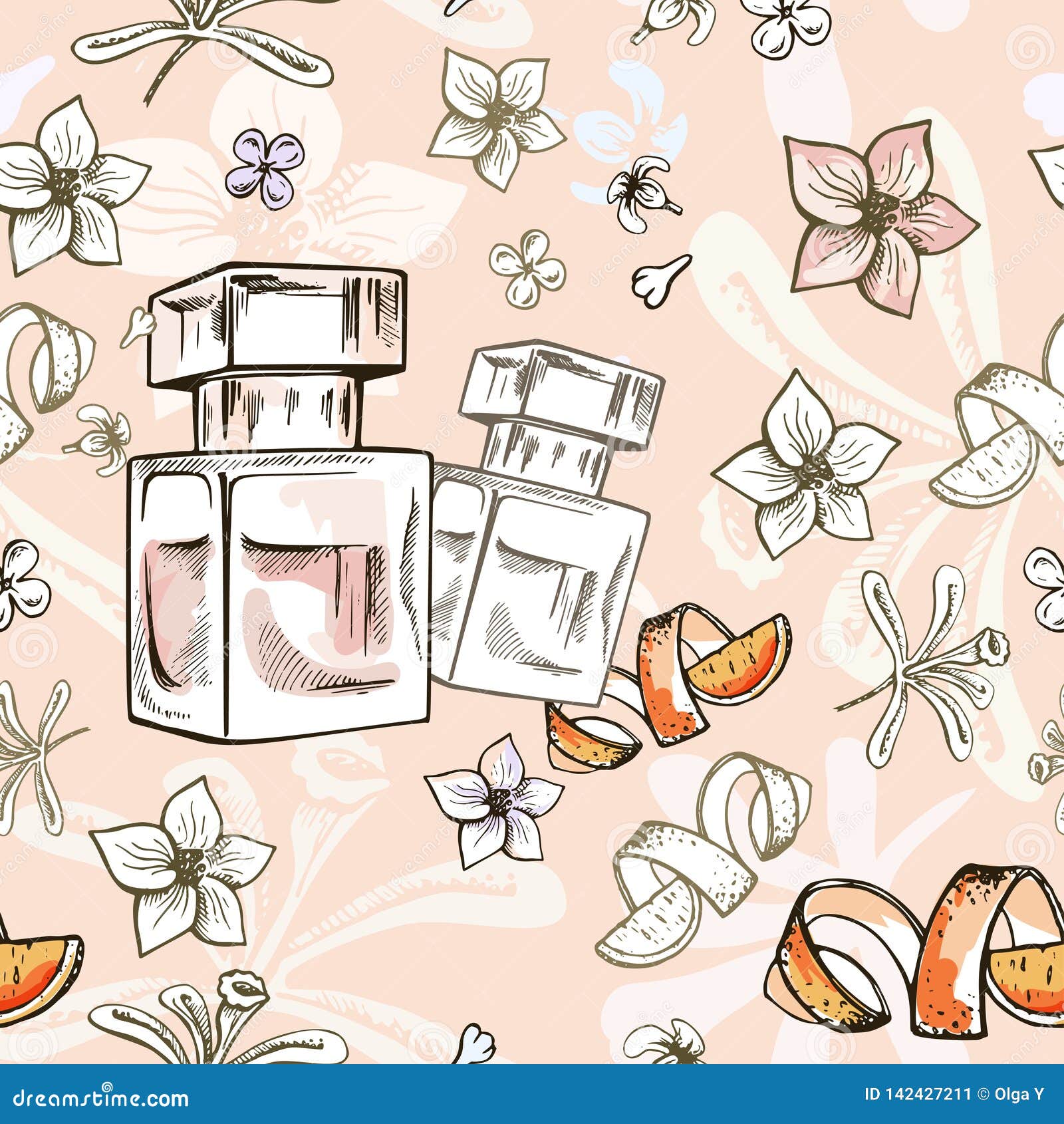 Seamless Hand Drawn Pattern with Perfume Bottle and Flowers. Design ...