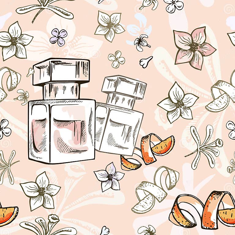 Seamless Hand Drawn Pattern with Perfume Bottle and Flowers. Design ...