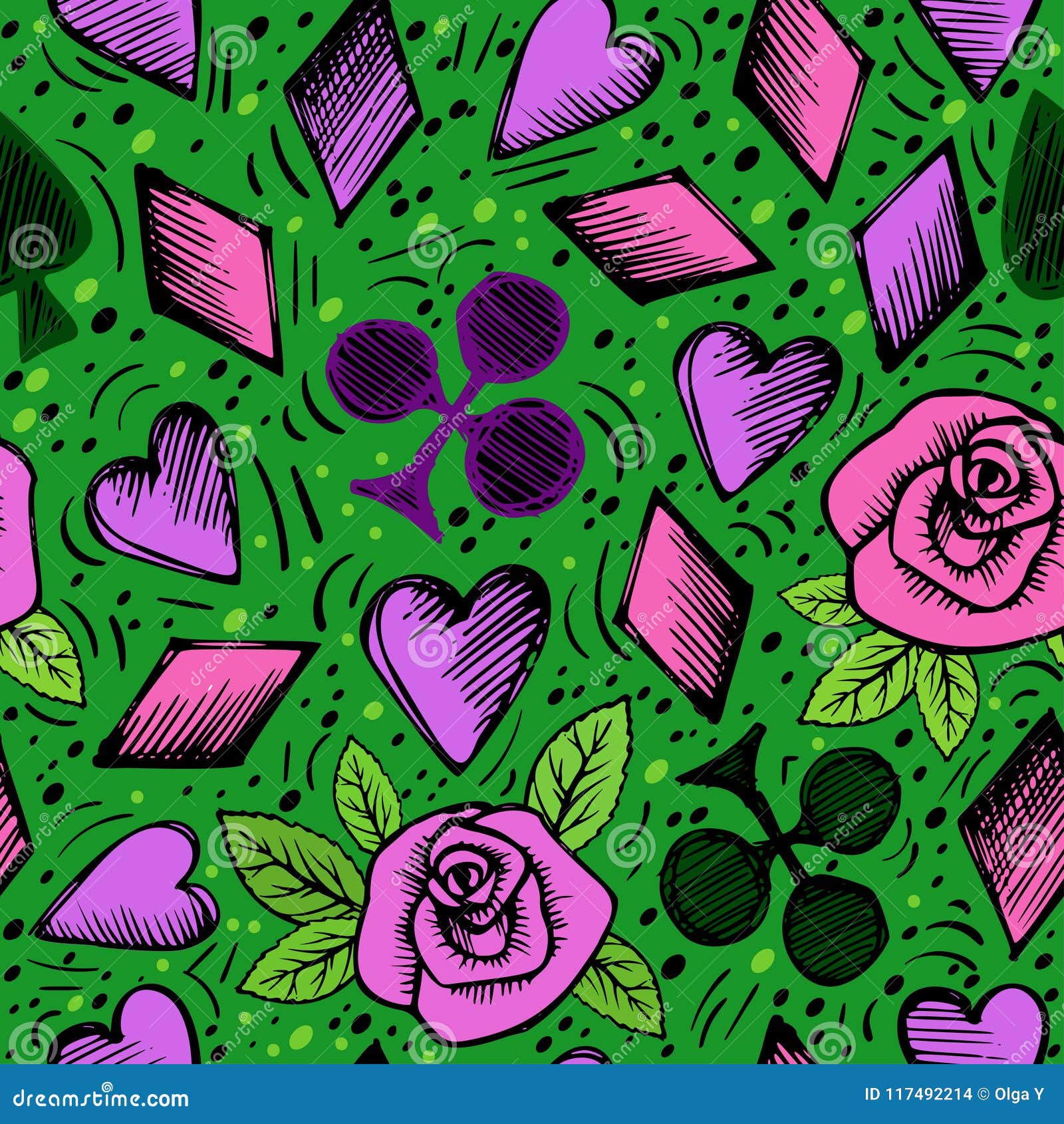 Seamless Hand Drawn Patterns with Card Suits Stock Illustration ...