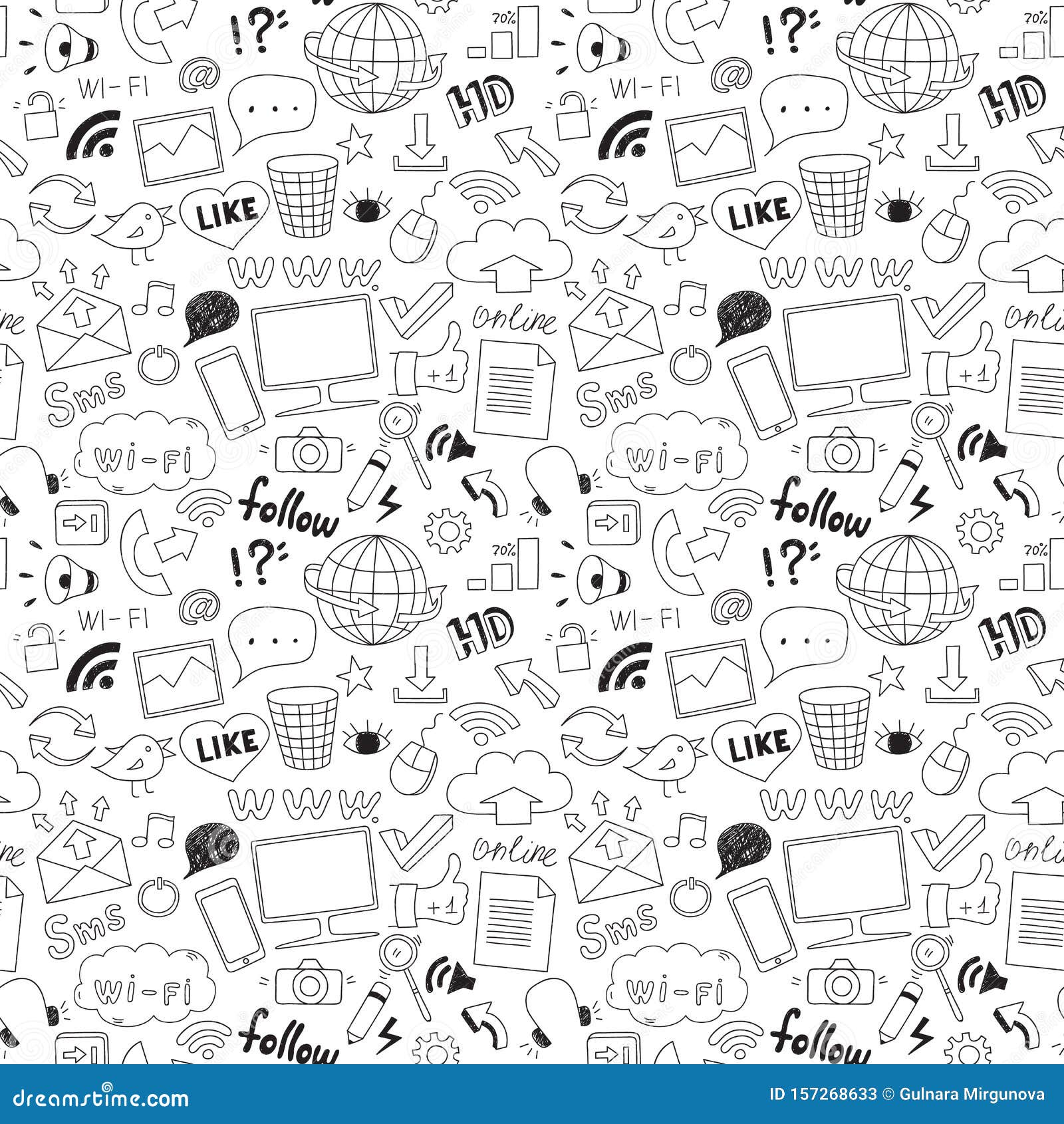 Seamless Hand Drawn Social Media Icons Pattern Stock Vector ...