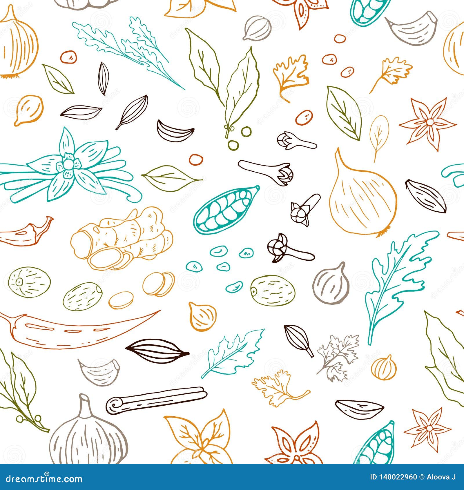 Seamless Hand Drawn Vector Pattern with Different Outline Spices ...