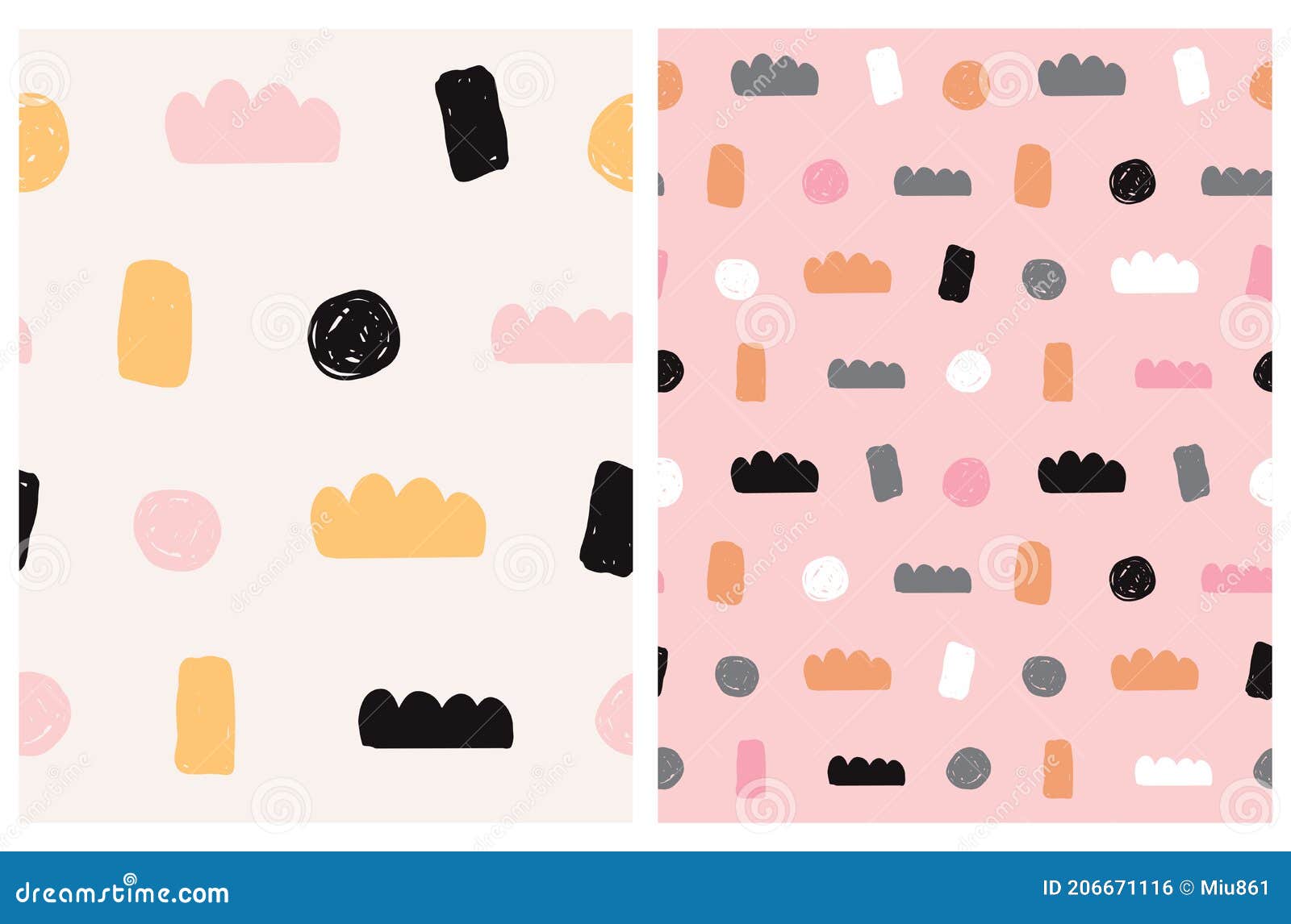Seamless Hand Drawn Vector Pattern with White, Yellow, Black and Pink ...