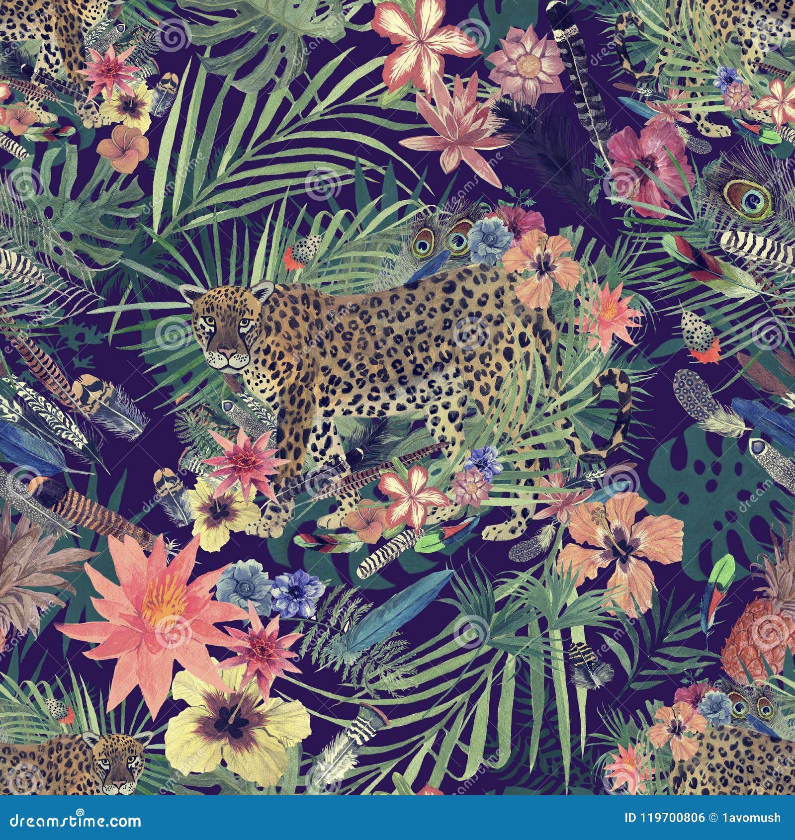 Seamless Hand Drawn Watercolor Pattern with Leopard, Flowers, Feathers ...
