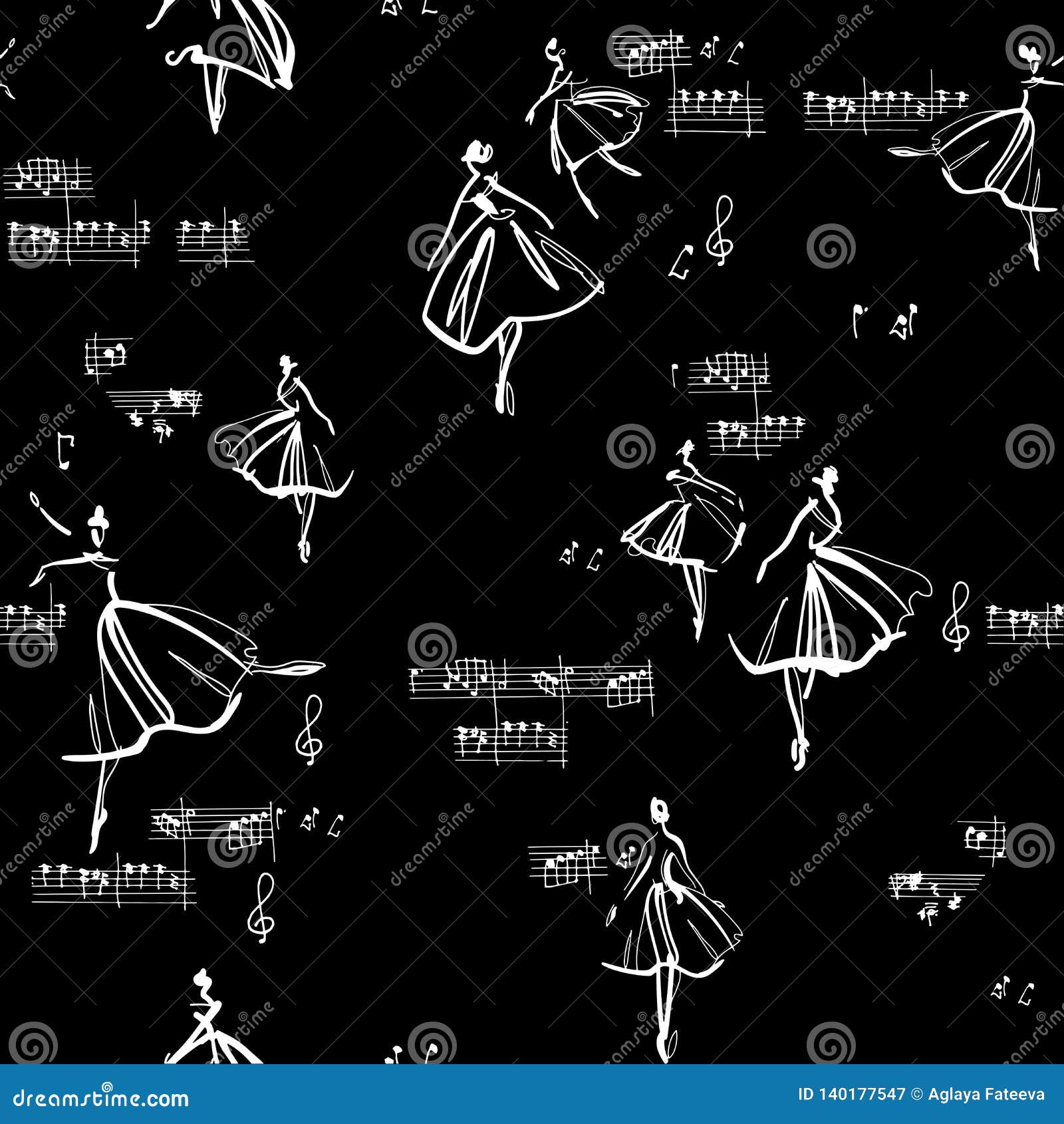 Seamless Hand Painted Pattern with Dancing Ballerina among Music Notes ...