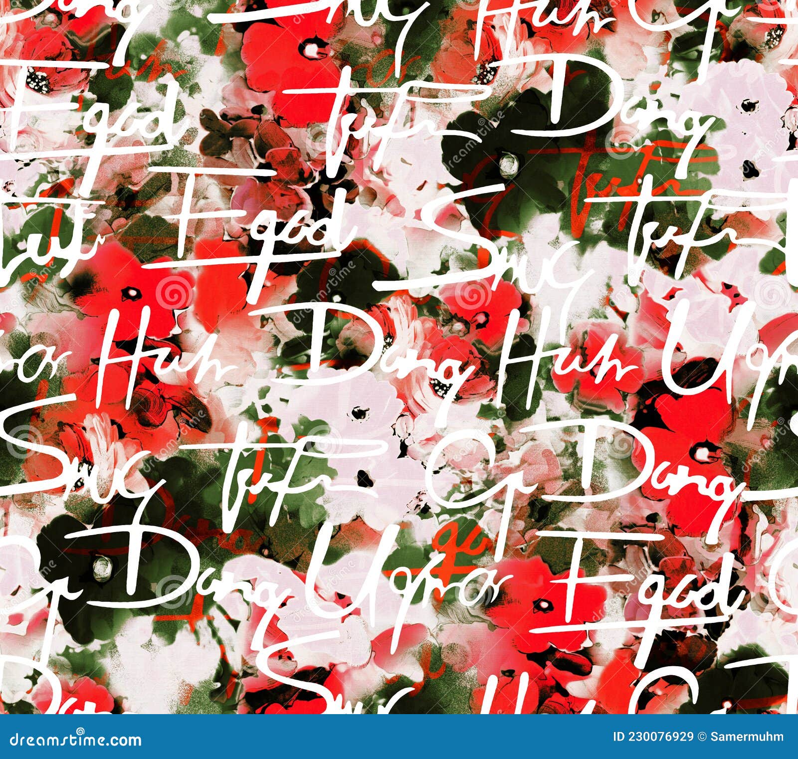 Seamless Hand Writing Pattern with Watercolor Flowers, Colorful ...