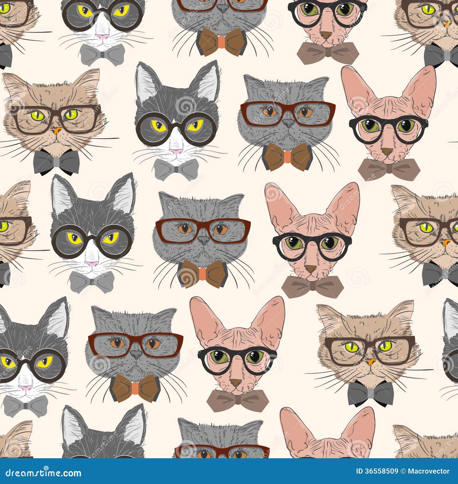 Seamless Hipster Cats Pattern Background Stock Vector - Illustration of ...