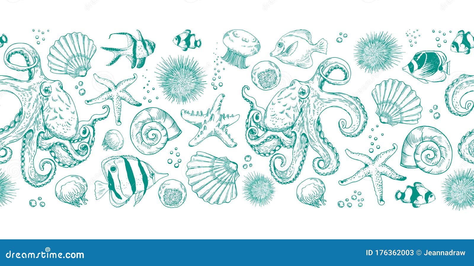 Seamless Horizontal Border with Octopuses, Shells, Fishes and ...