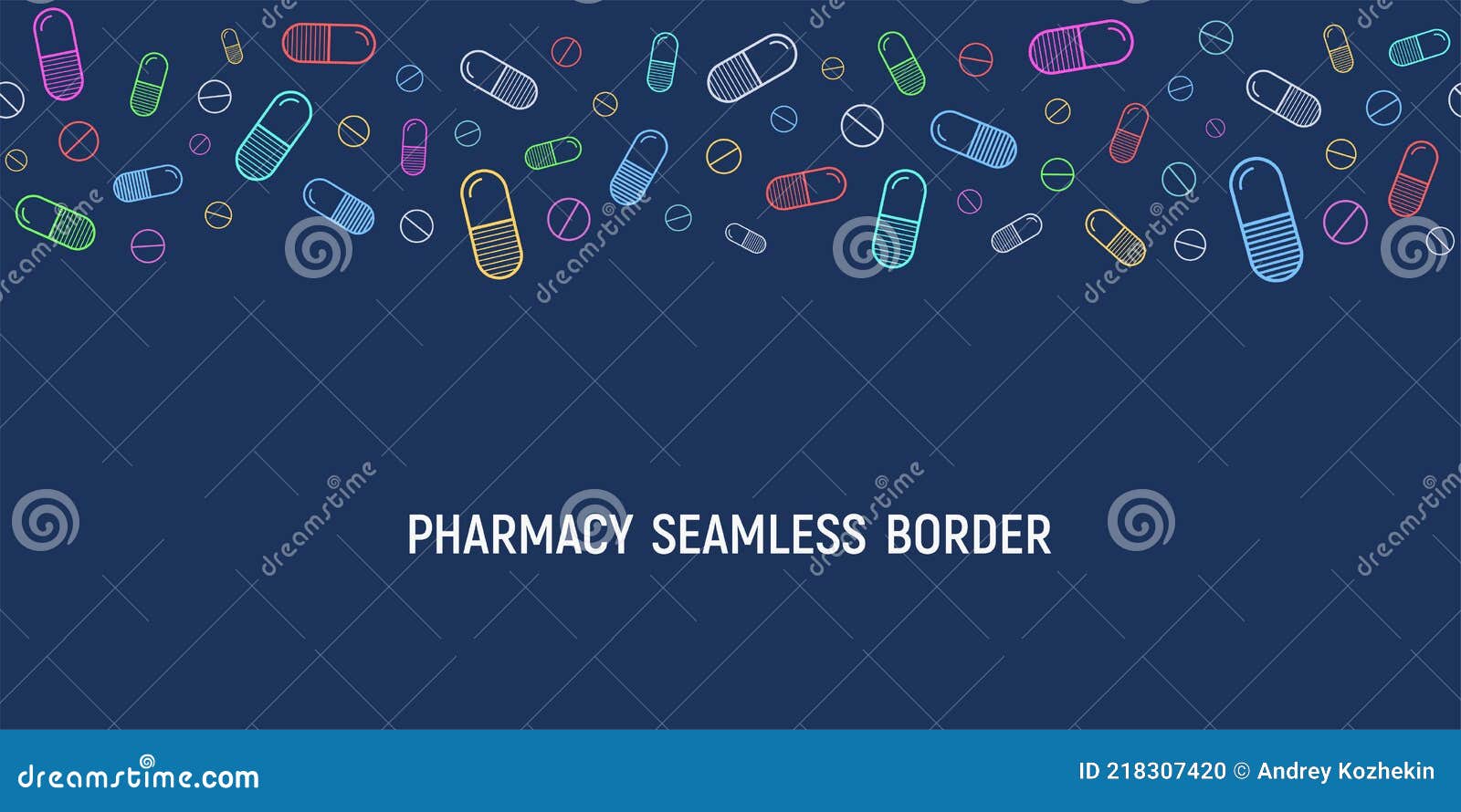 Seamless Horizontal Border Vector Pattern with Outline Colored Pills ...