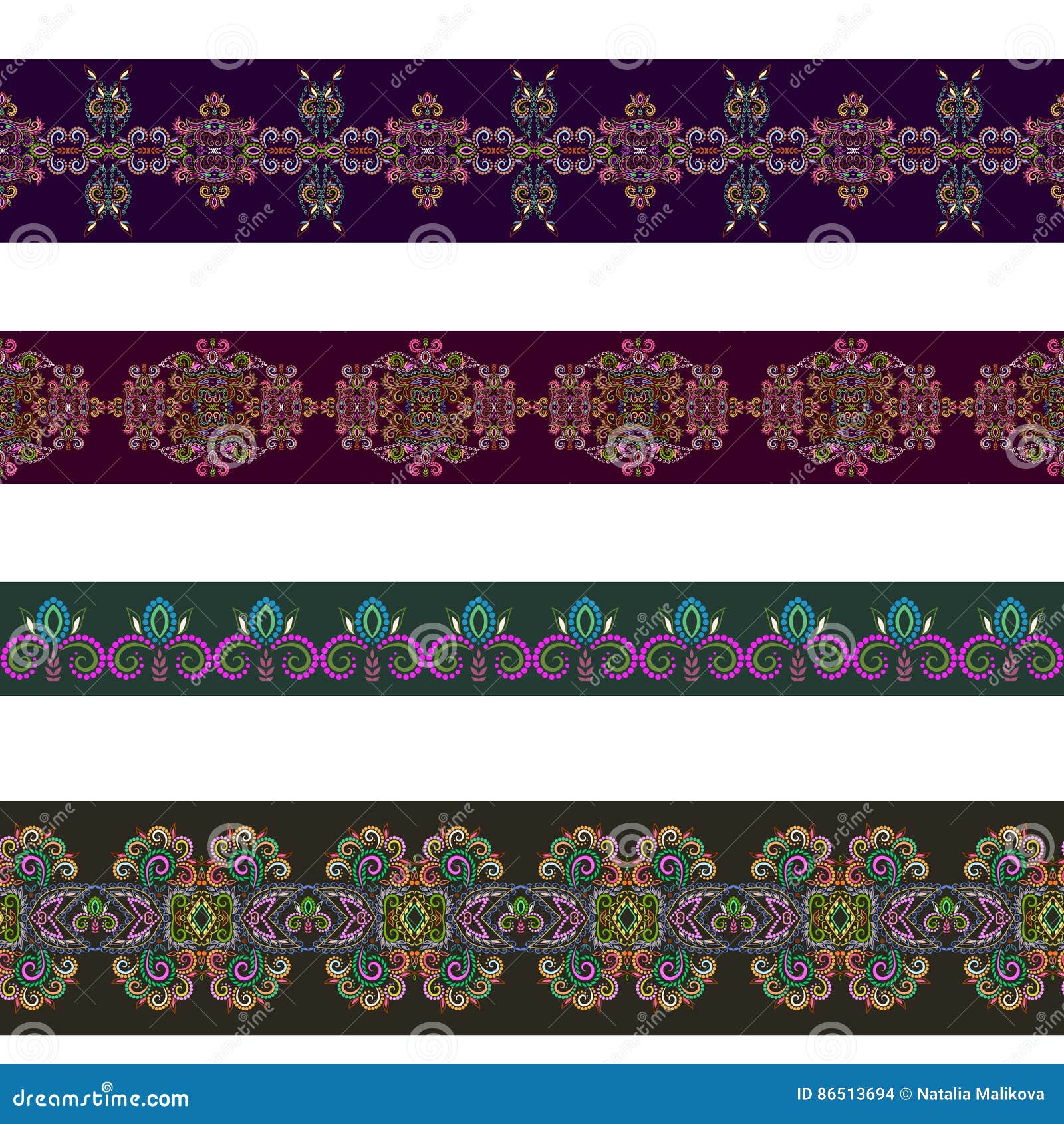 Seamless Horizontal Pattern with Decorative Elements. Vector Set of 4 ...