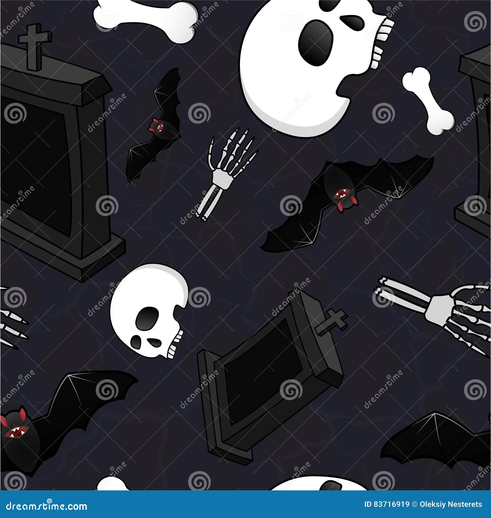 Seamless Horror Style Vector Pattern with Bones, Skulls, Bats and ...