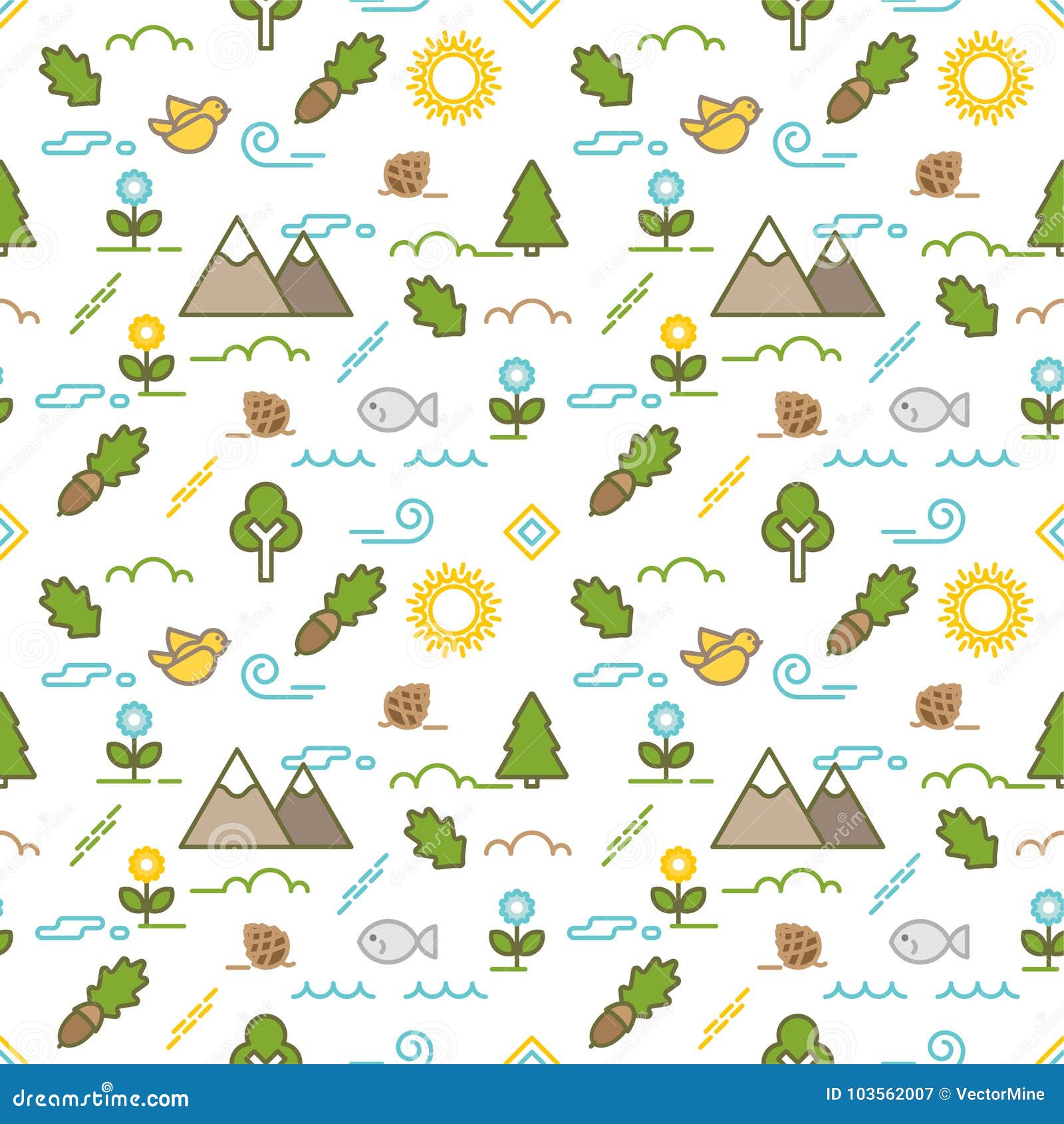 Seamless Illustrated Nature Outdoors Themed Line Style Vector Pattern ...