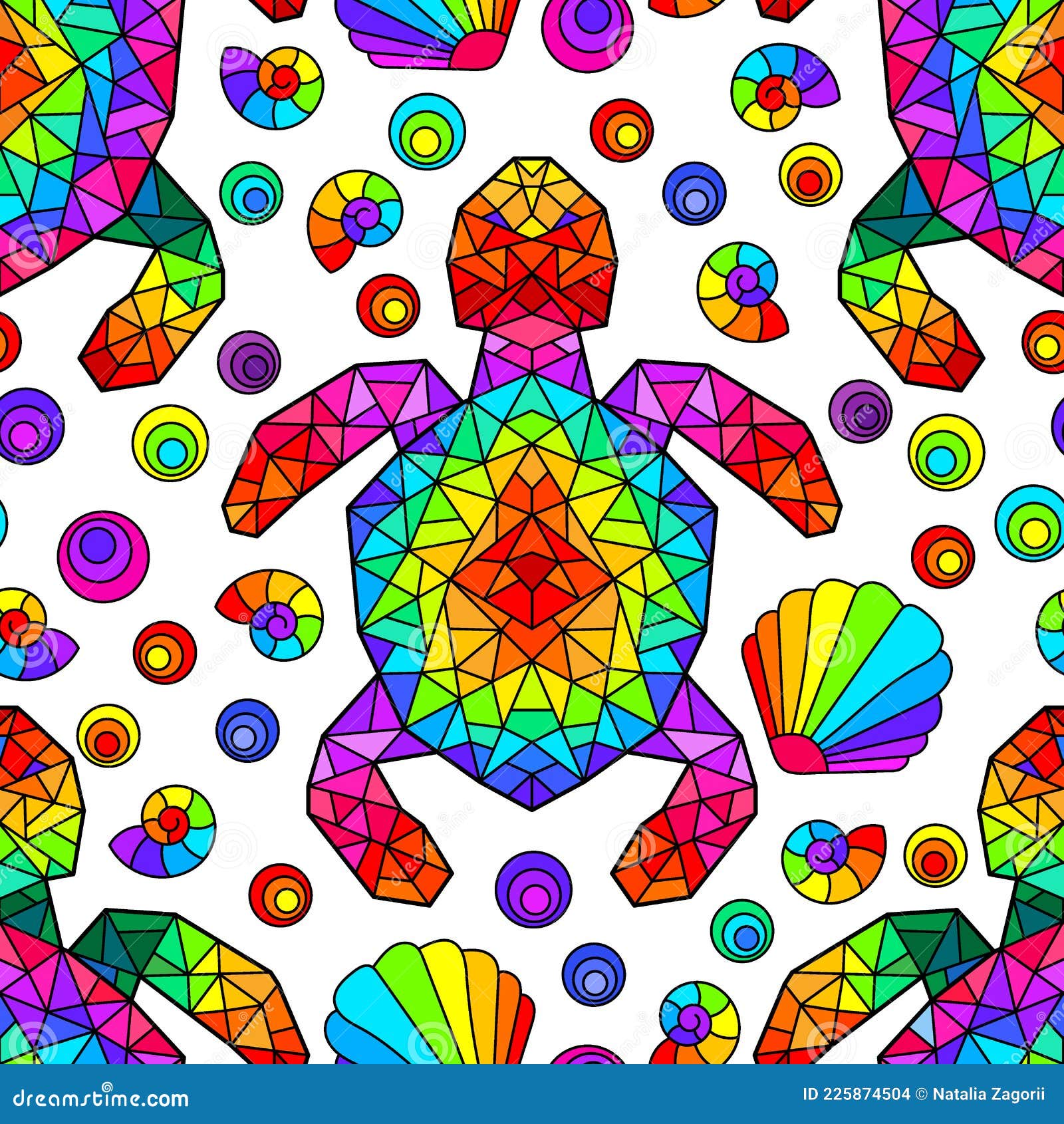 Seamless Illustration with Bright Geometric Turtles and Seashells ...