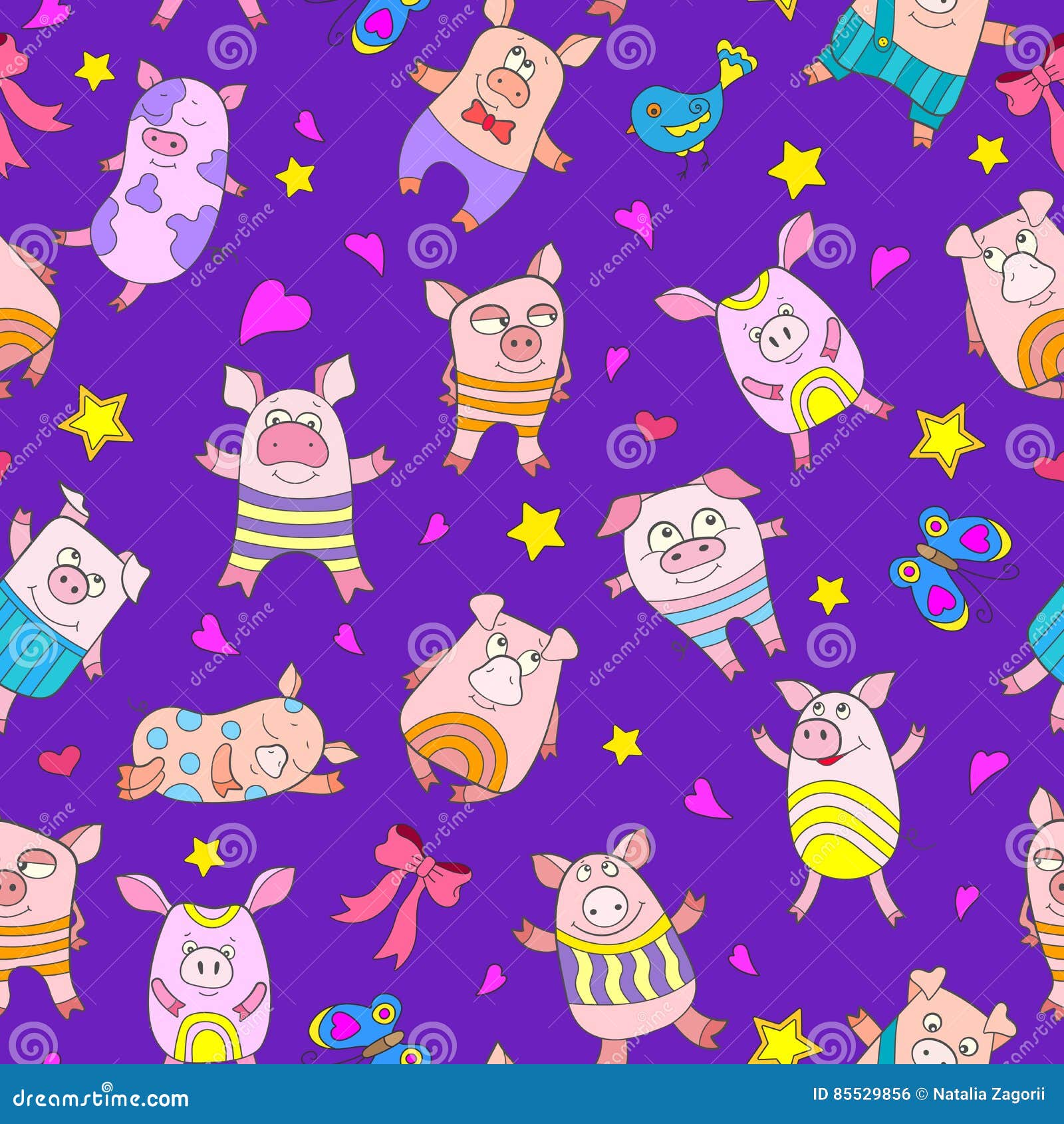 Seamless Illustration With Funny Cartoon Pigs On A Purple Background ...