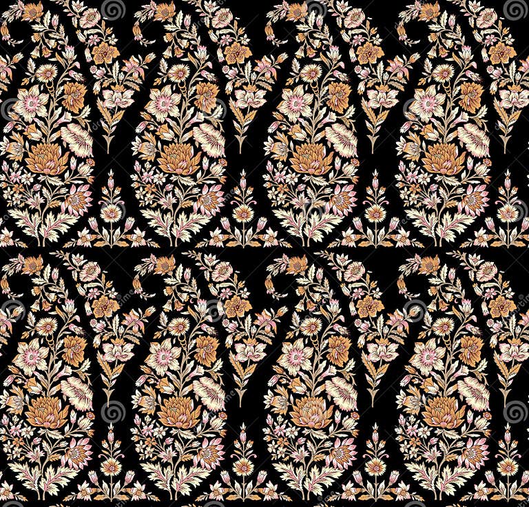 Seamless Indian Paisley Pattern With Black Background Stock