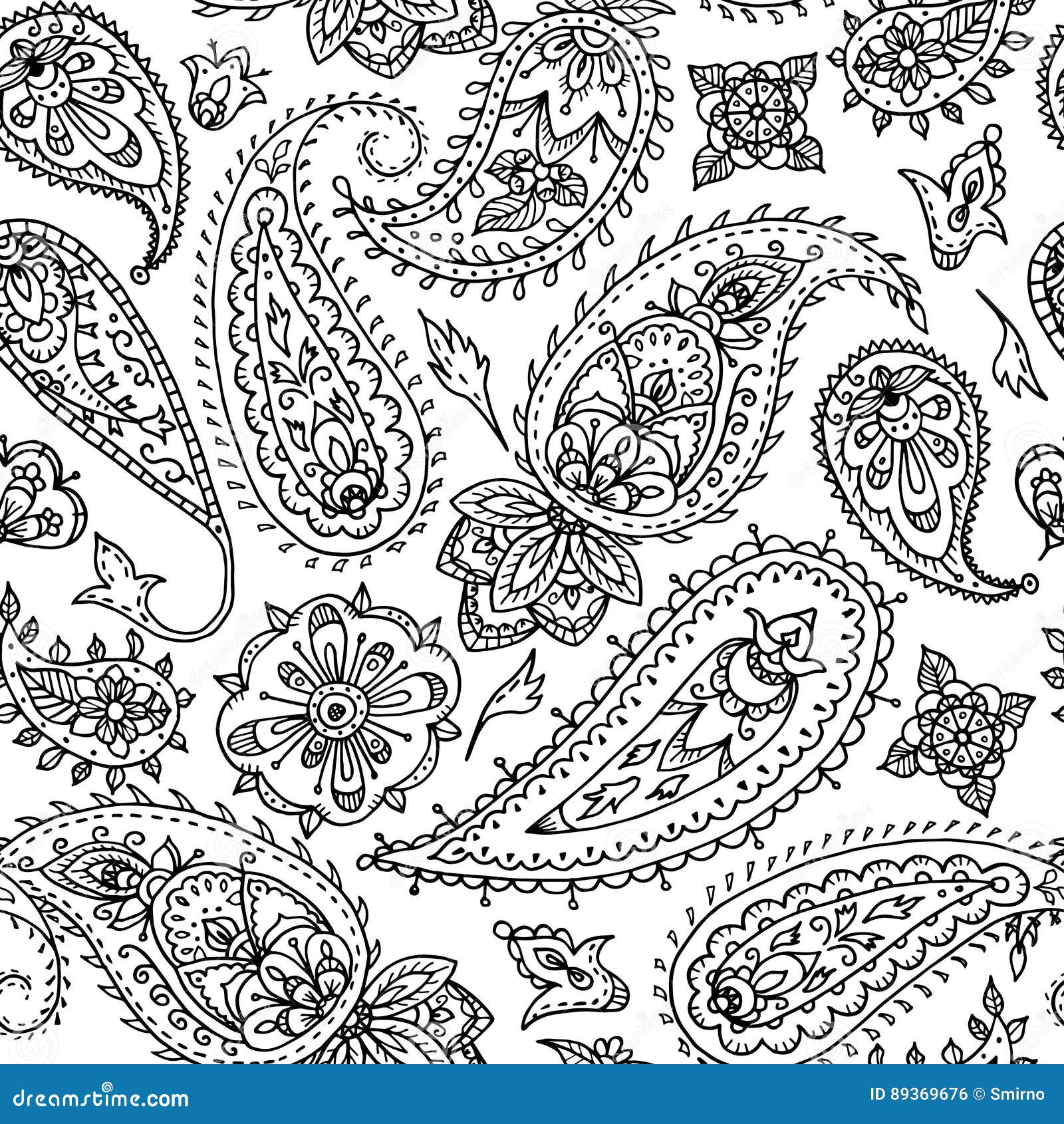Seamless Indian Paisley Pattern. Black and White Illustration for ...