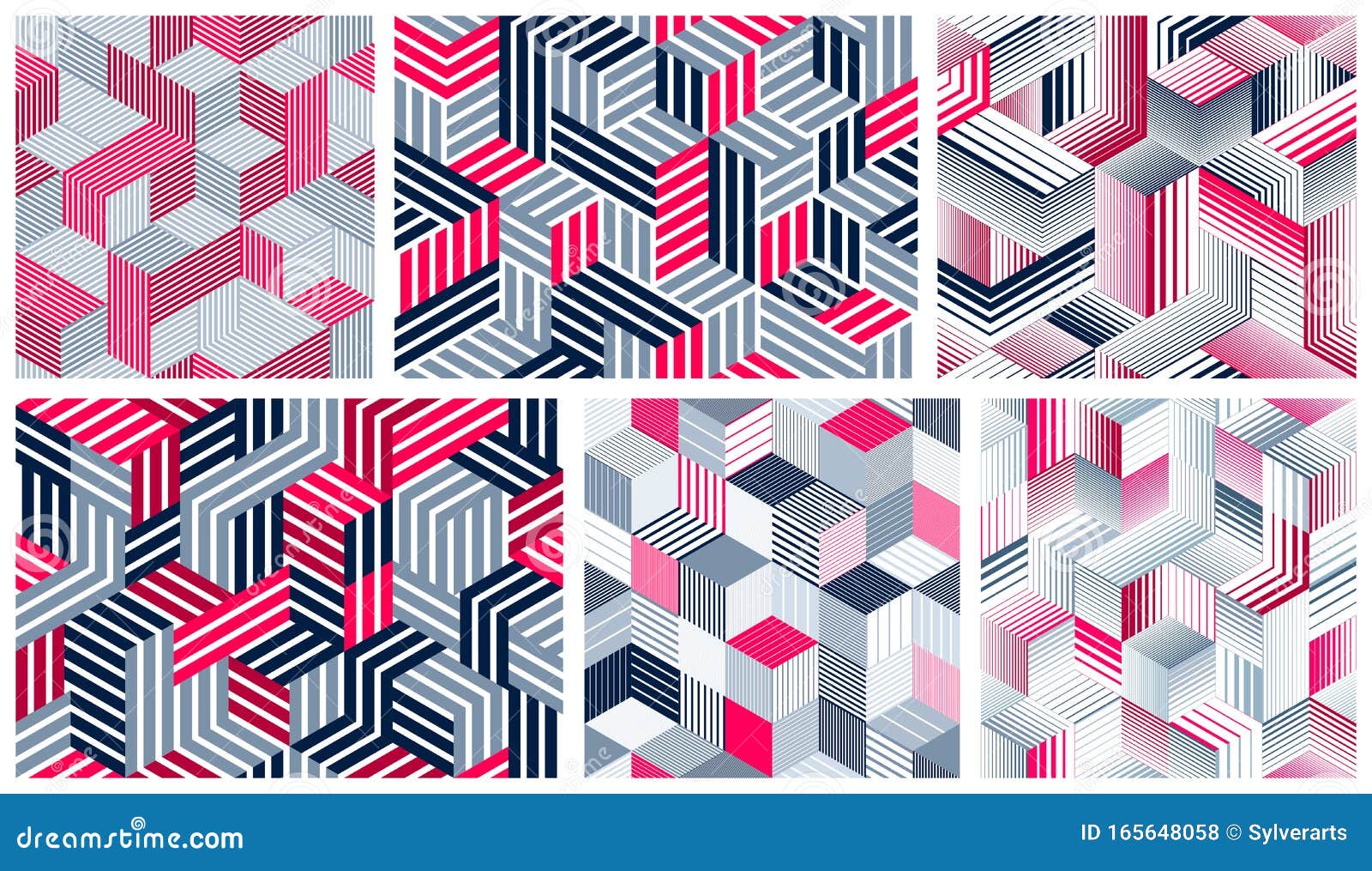 Seamless Isometric Lines Geometric Patterns Set, 3D Cubes Vector Tiling ...