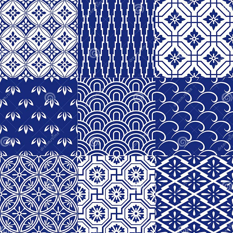 Seamless Japanese Pattern Set Stock Vector - Illustration of circular ...