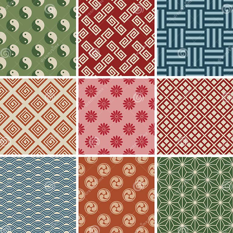 Seamless Japanese Traditional Red Pattern Set Stock Vector ...