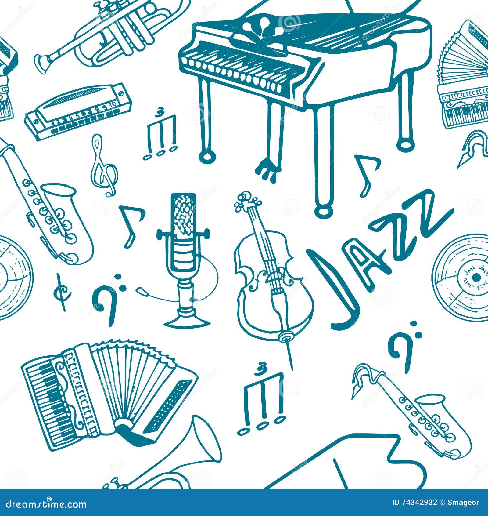 Seamless jazz pattern stock vector. Illustration of musician - 74342932