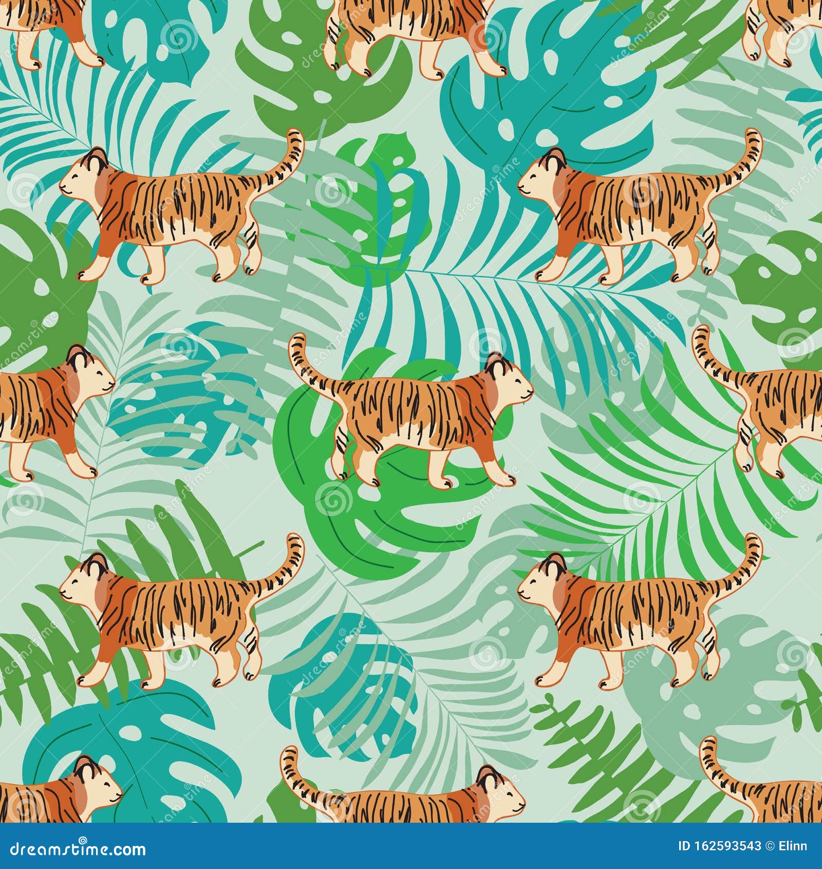 Seamless Jungle Pattern with Tiger and Tropical Leaves Stock ...