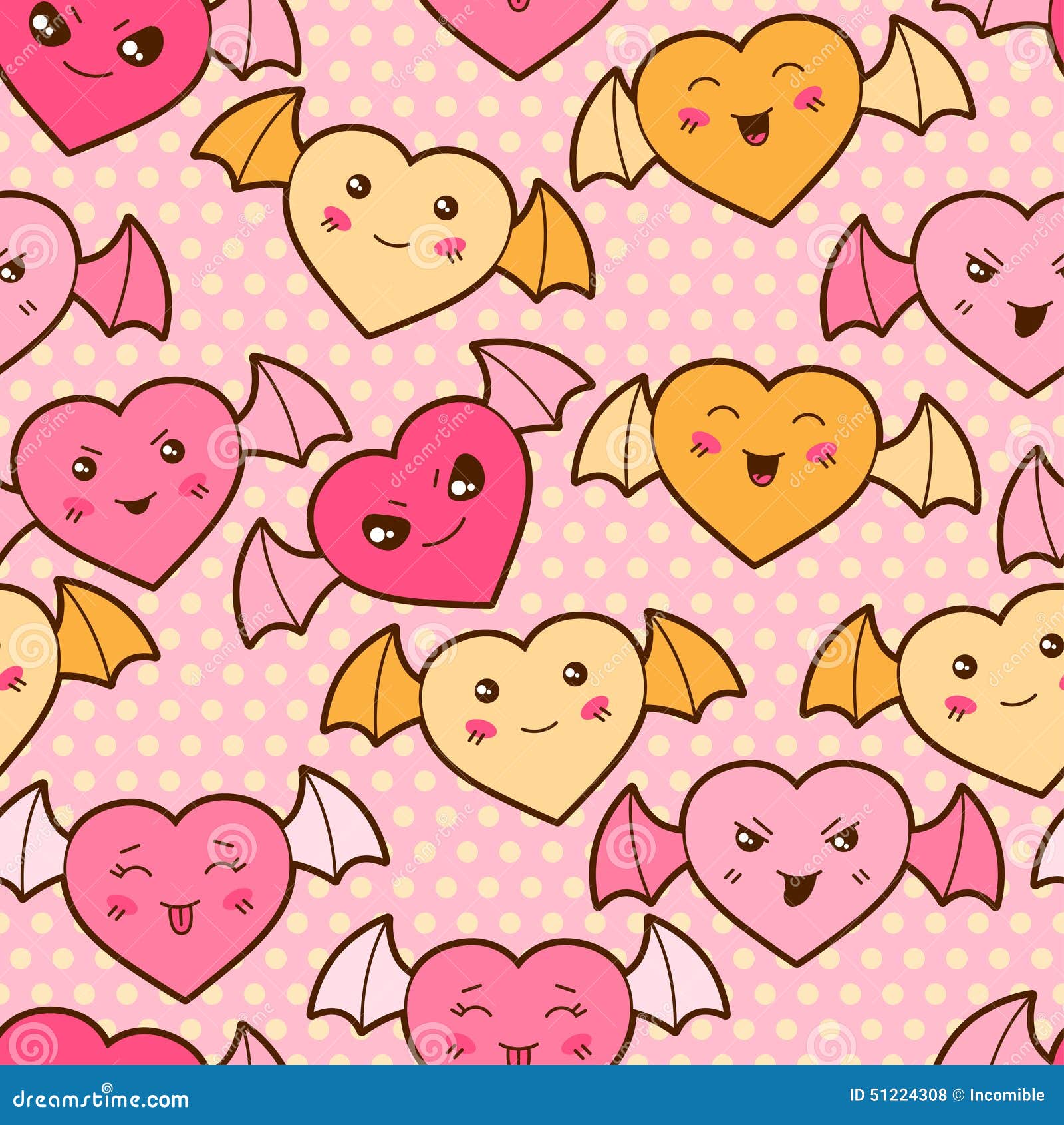 Seamless Kawaii Cartoon Pattern with Cute Hearts Stock Vector ...