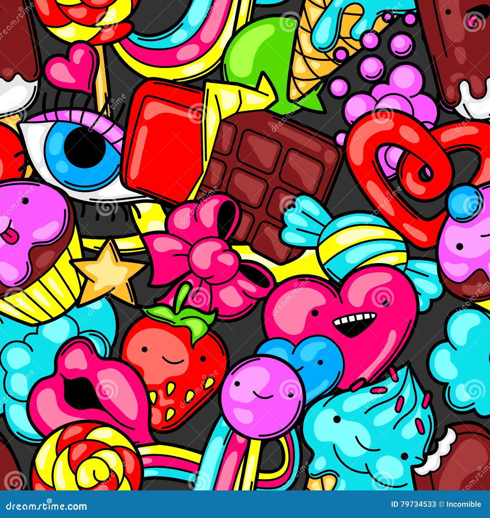 Seamless Kawaii Pattern with Sweets and Candies. Crazy Sweet-stuff in ...