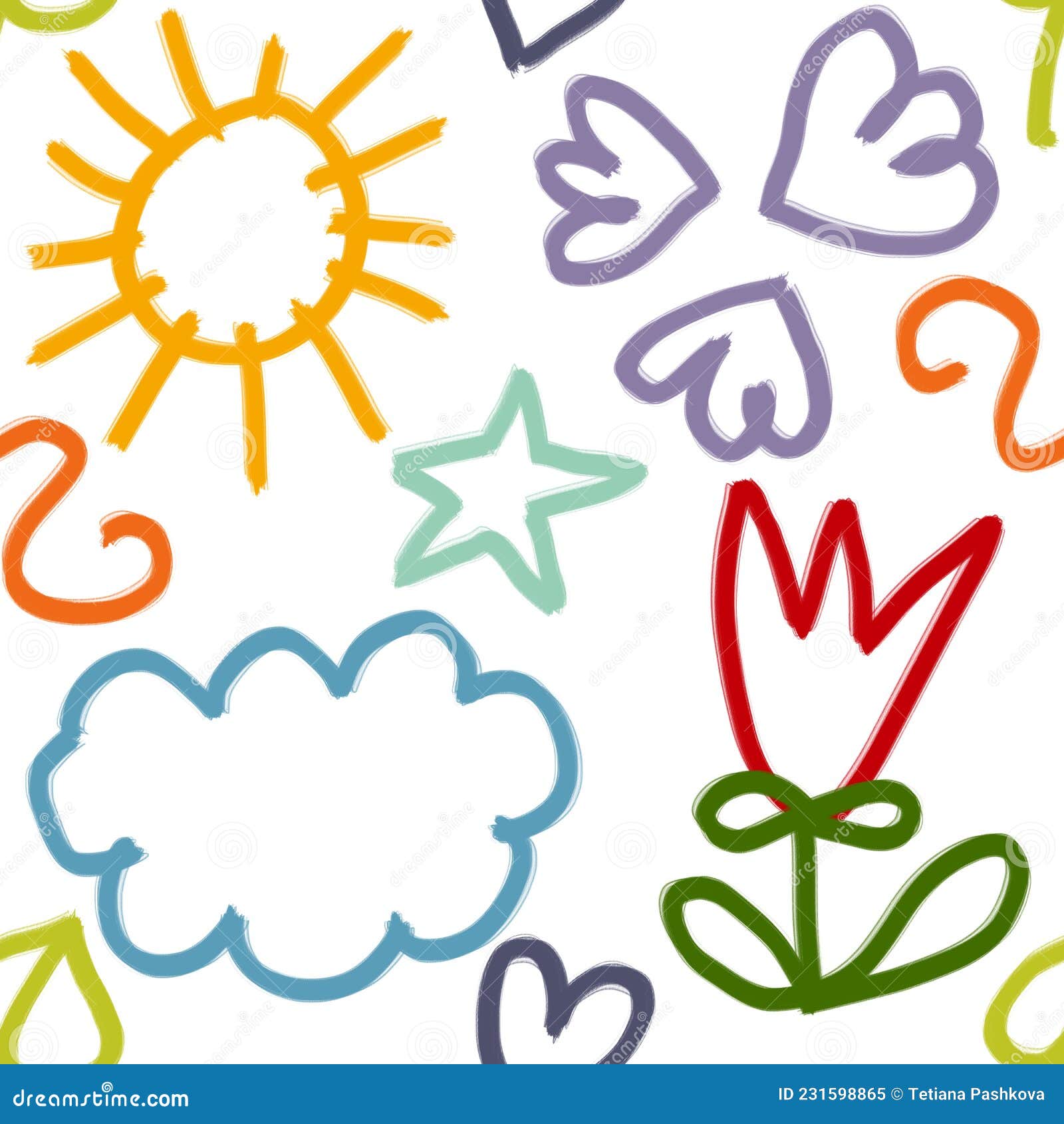 Seamless Kids Painting Pattern with Coloured Objects on White ...