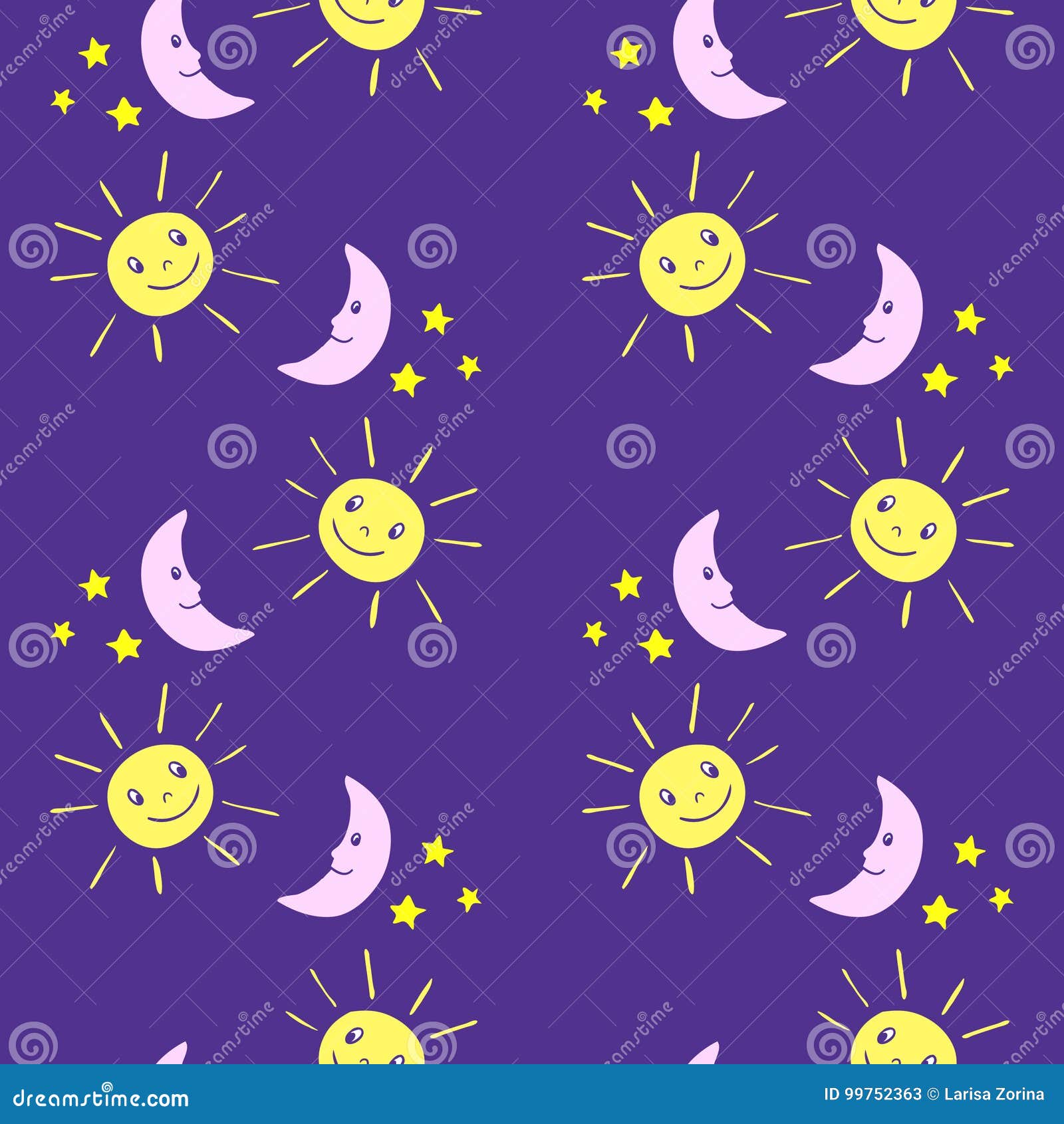 Seamless Kids Pattern with Funny Cartoon Moon, Sun, Stars. Stock Vector ...