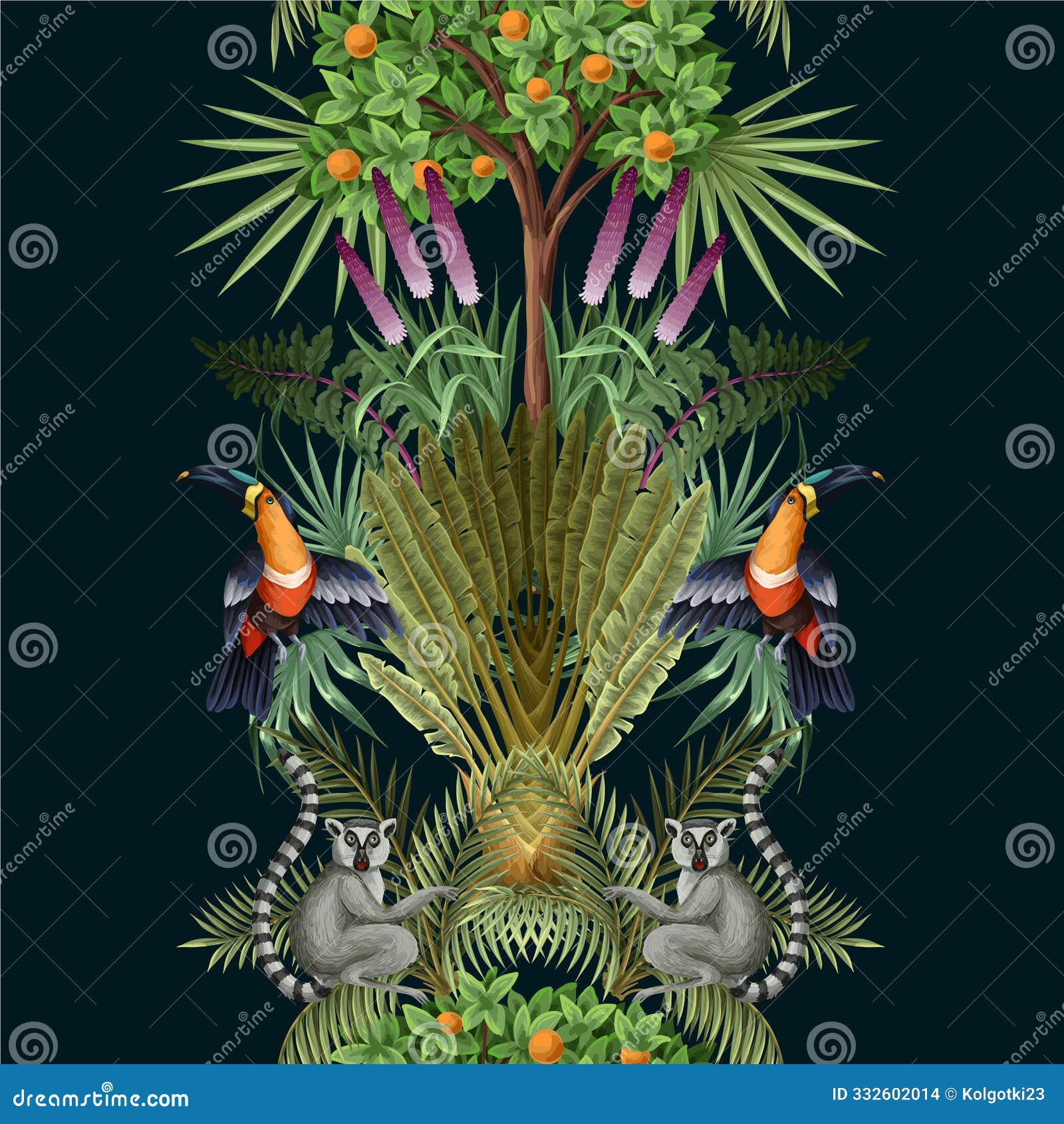 Seamless Kids Pattern with Jungle Trees and Animals. Vector. Stock ...