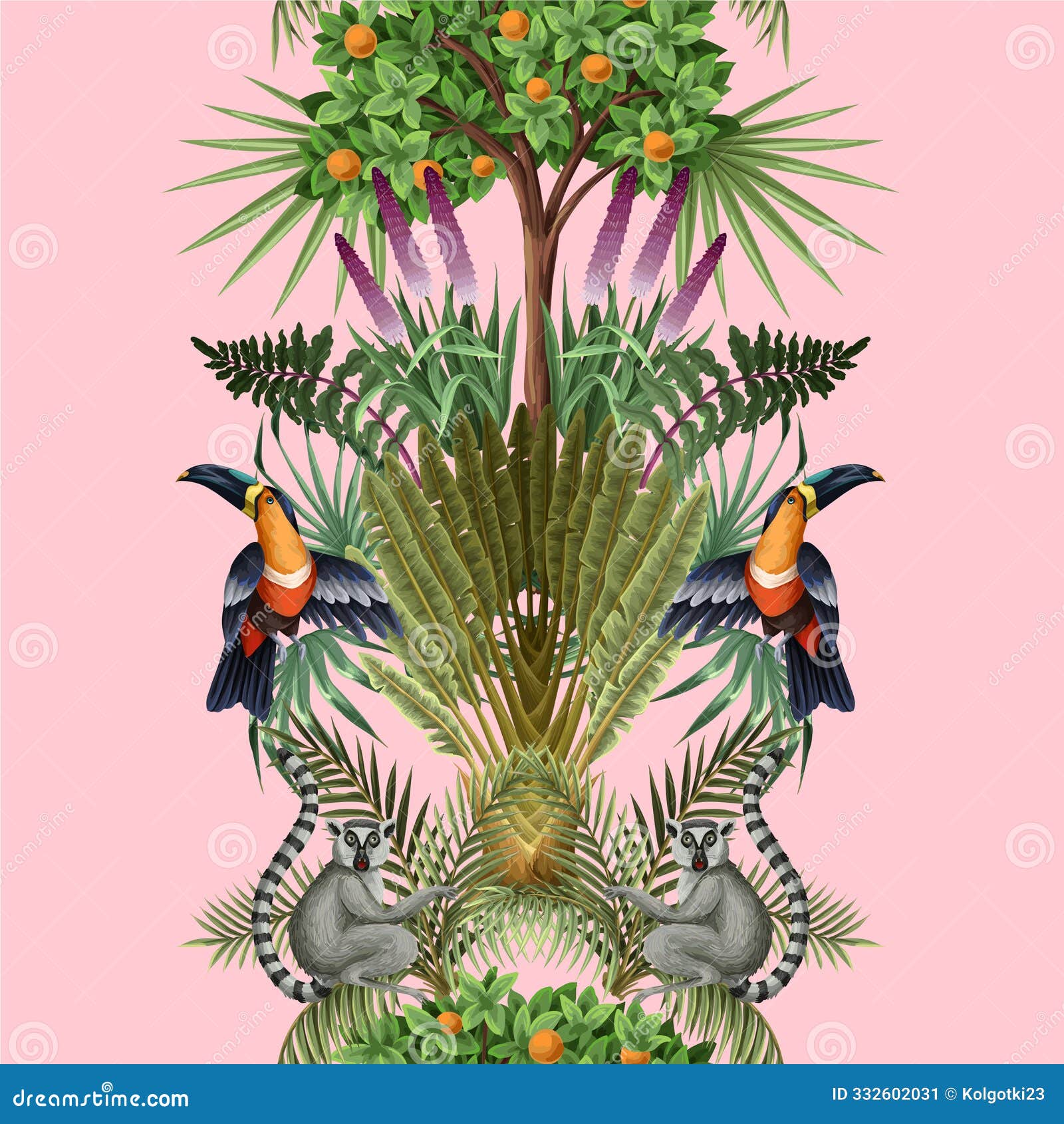 Seamless Kids Pattern with Jungle Trees and Animals. Vector. Stock ...
